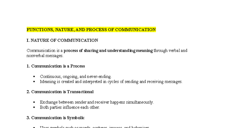 FUNCTIONS, NATURE, AND PROCESS OF COMMUNICATION (ORAL) - Studocu