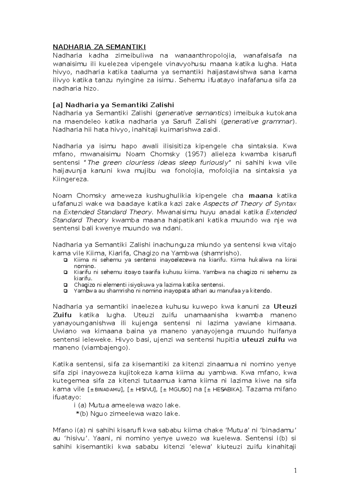 Nadharia za Semantiki - Kiswahili Course 4.1 Lecture Notes - Studocu