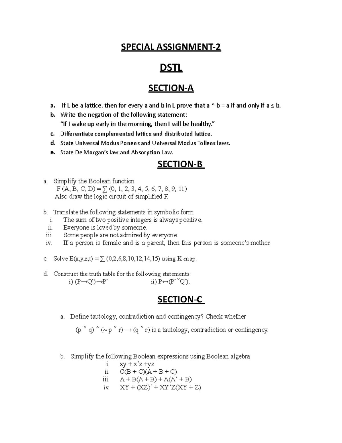 Special assignment 2 - SPECIAL ASSIGNMENT- DSTL SECTION-A a. If L be a ...