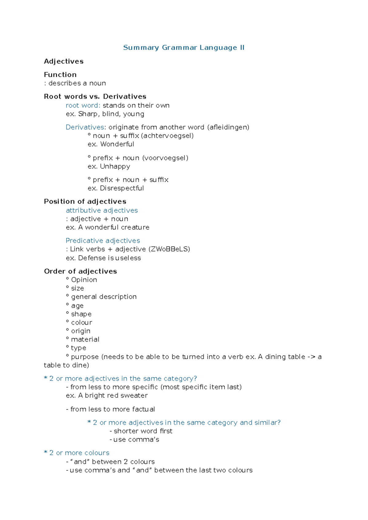 Summary of Adjectives Functions in Grammar Language II - Studocu