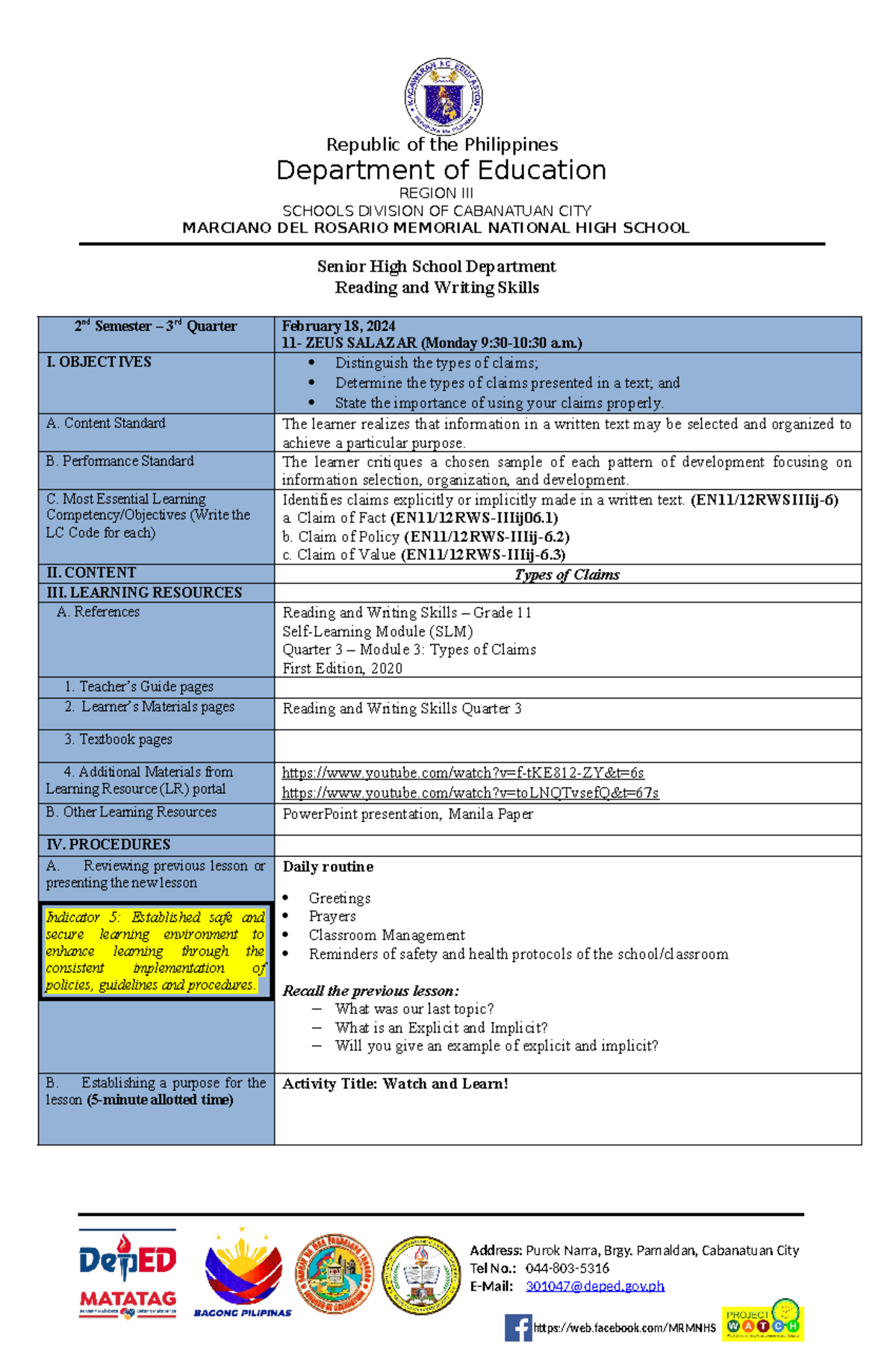 DLP CO3 Types of Claims - Lesson Plan for EN11/12 RWS III - Studocu