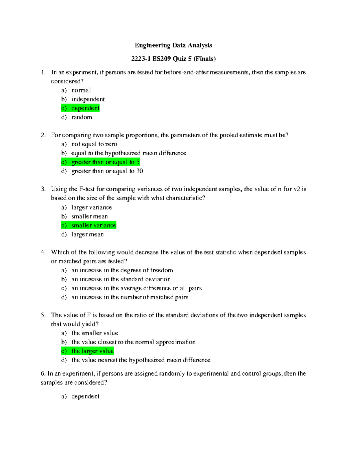 Engineering Data Analysis Quiz 5 (Final Exam) Review Material - Studocu