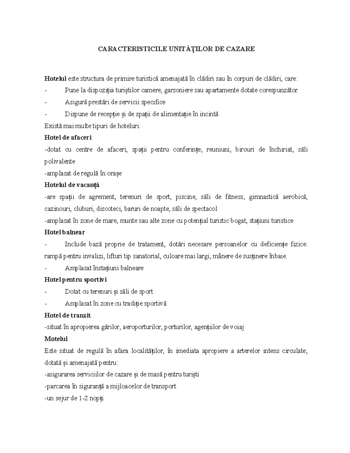 CARACTERISTICILE UNITĂȚILOR DE CAZARE - Modul 3 - Structuri Turistice ...