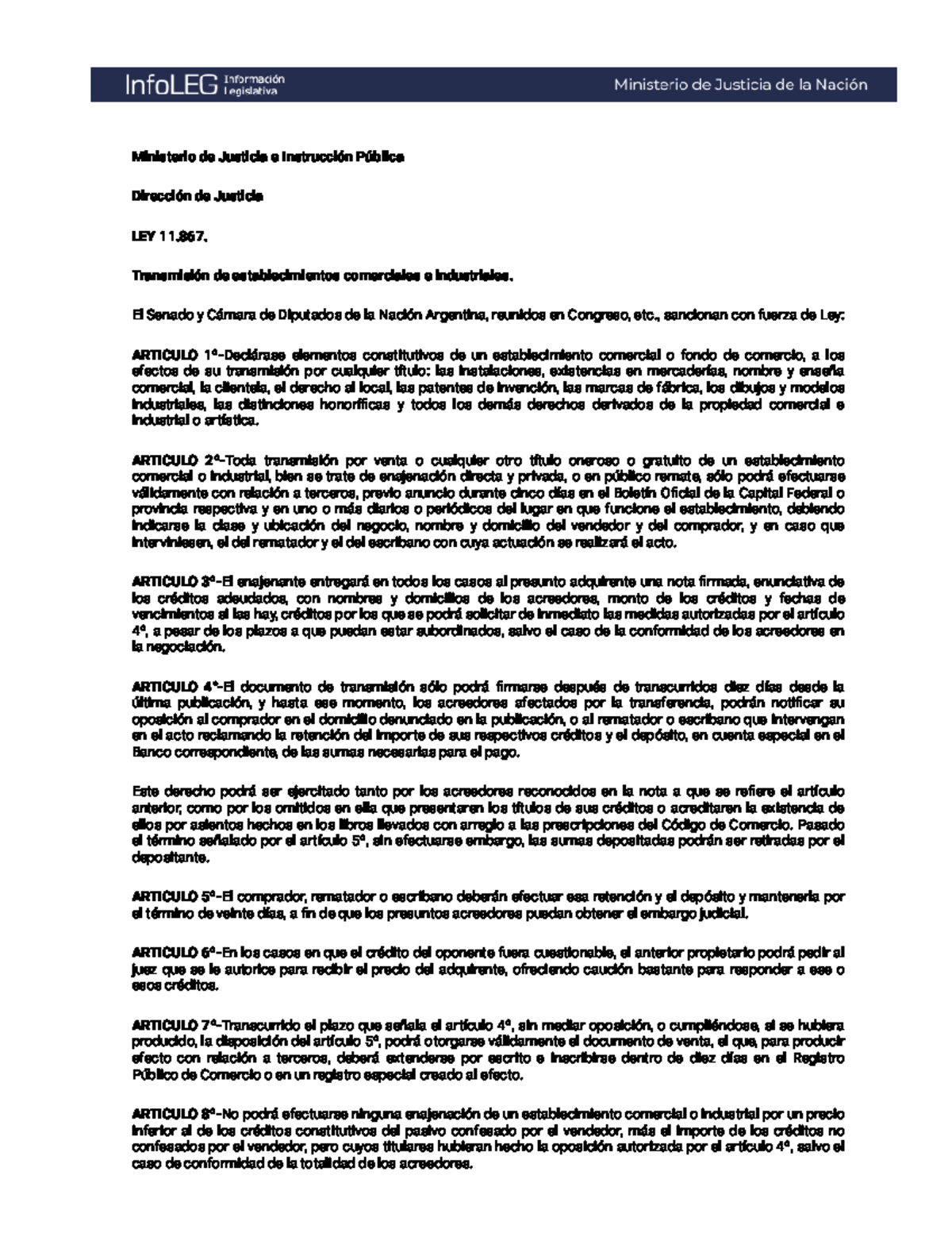 LEY 11.867: Transmisión de Establecimientos Comerciales e Industriales ...