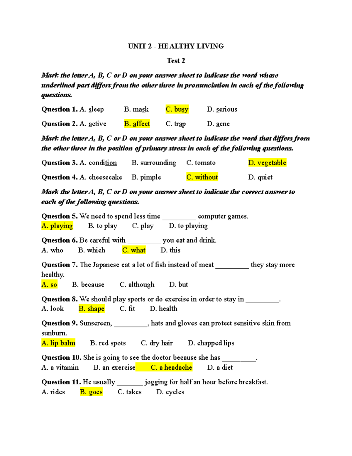 Test 2 Unit 2 - Healthy Living Exam Questions and Answers - Studocu