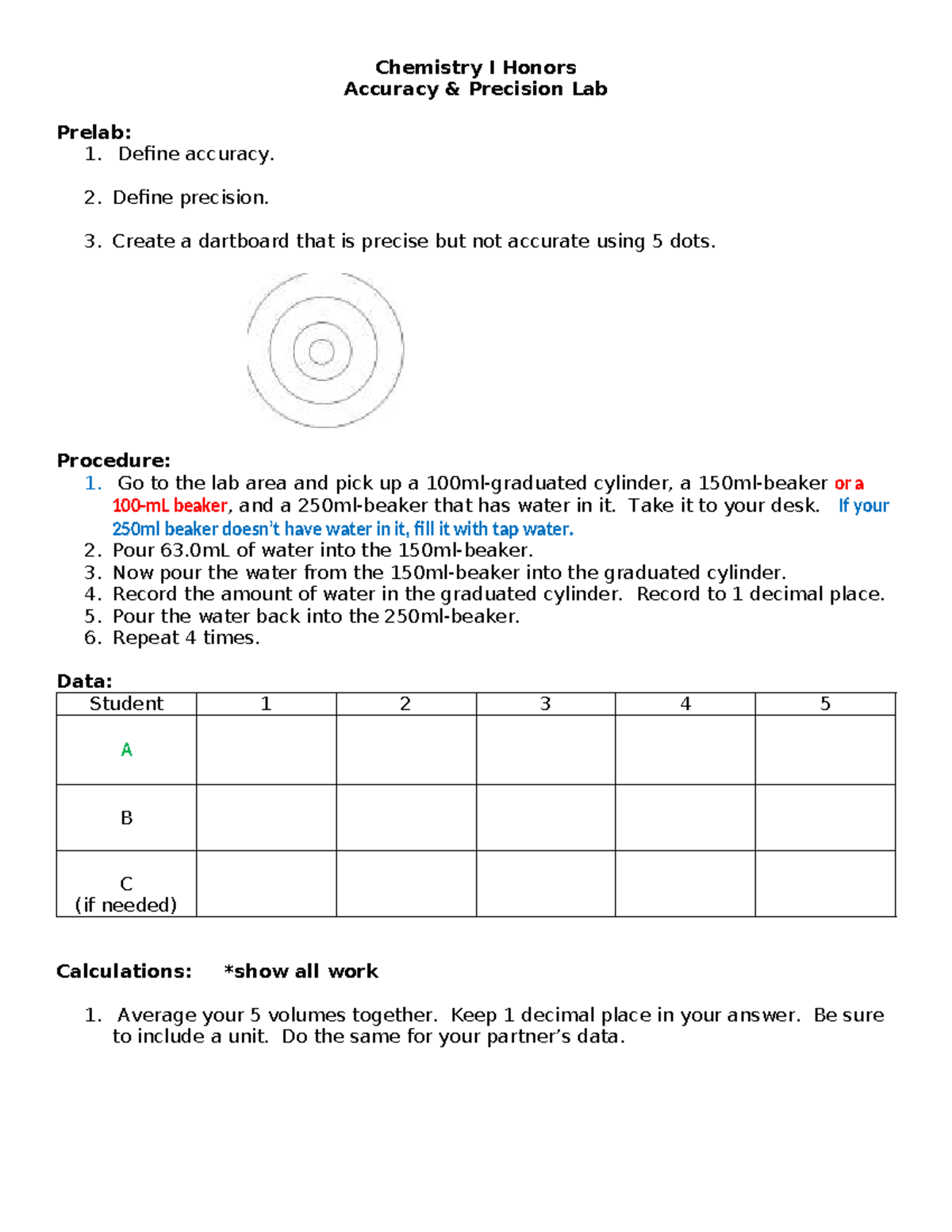 Chem I Honors Lab: Accuracy & Precision Measurement Techniques - Studocu