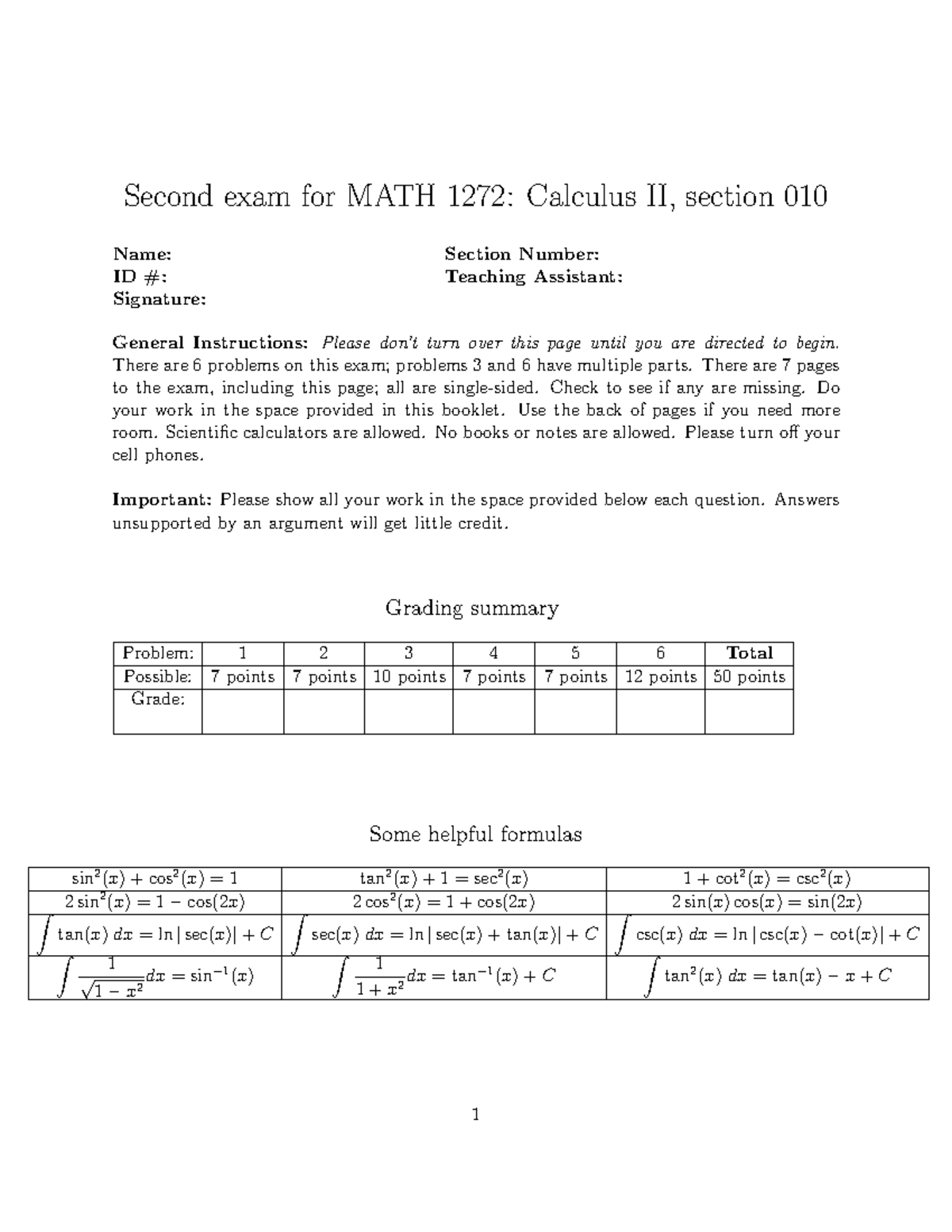 MATH 1272: Practice Midterm Exam #2 for Calculus II, Section 010 - Studocu