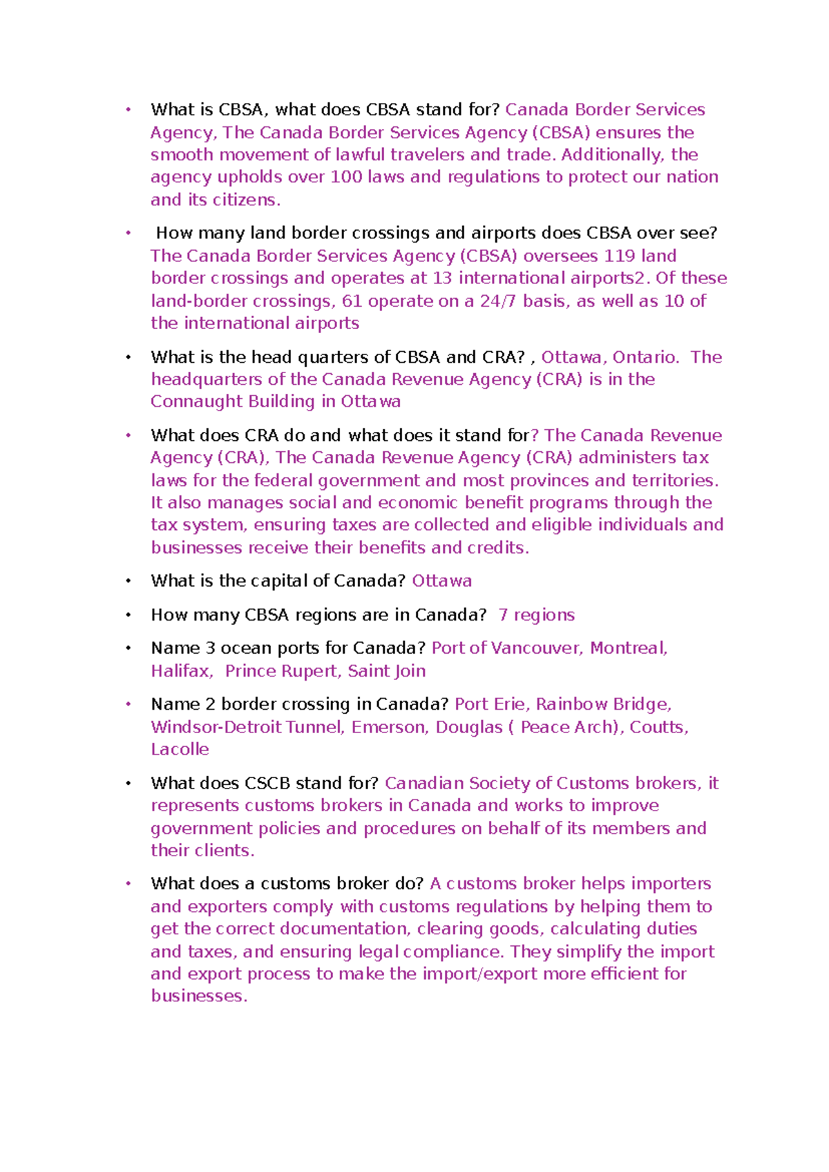 Quiz 1 - quiz on custom - What is CBSA, what does CBSA stand for ...