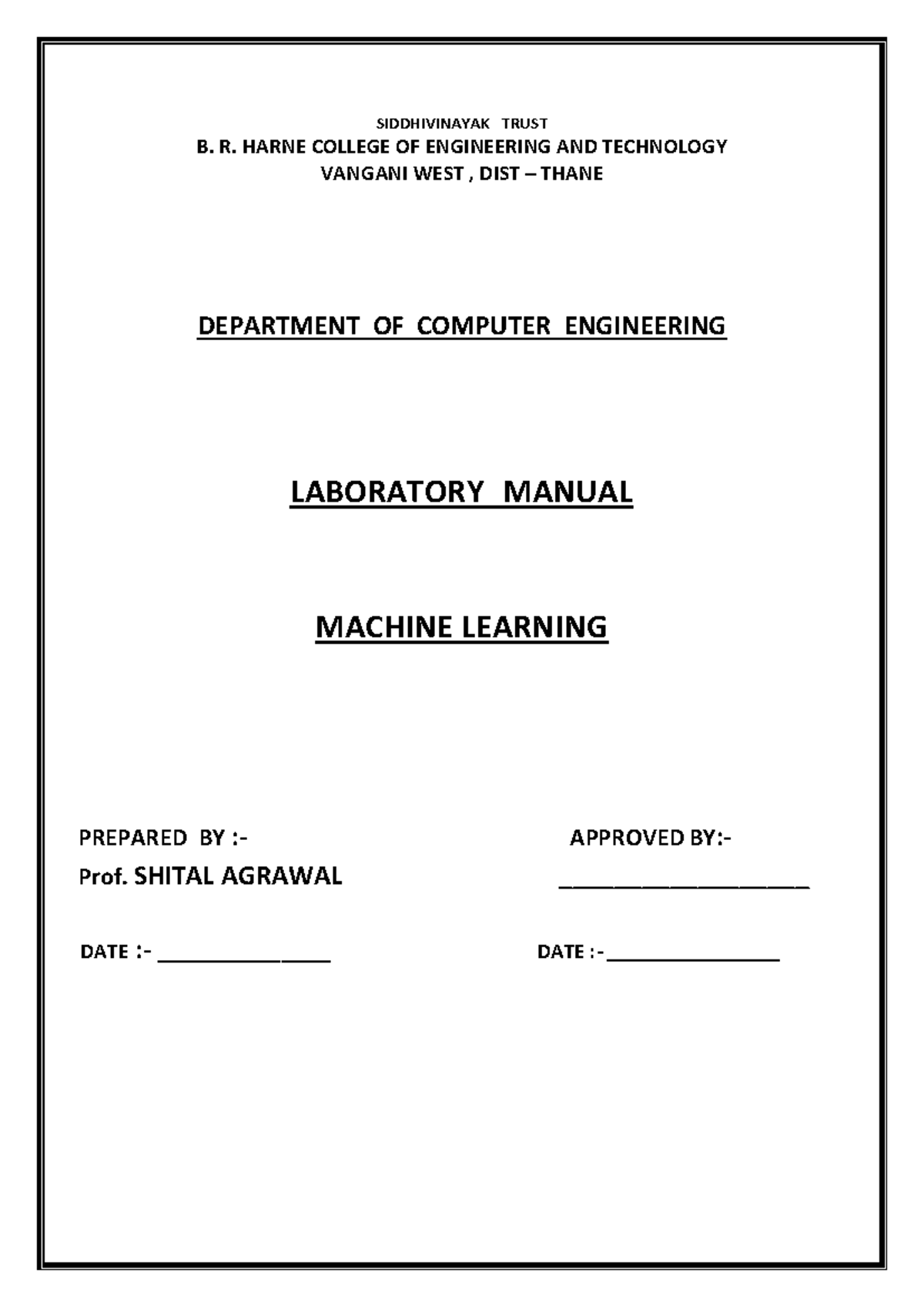 ML Lab Manual BE: Experiments in Machine Learning Techniques - Studocu