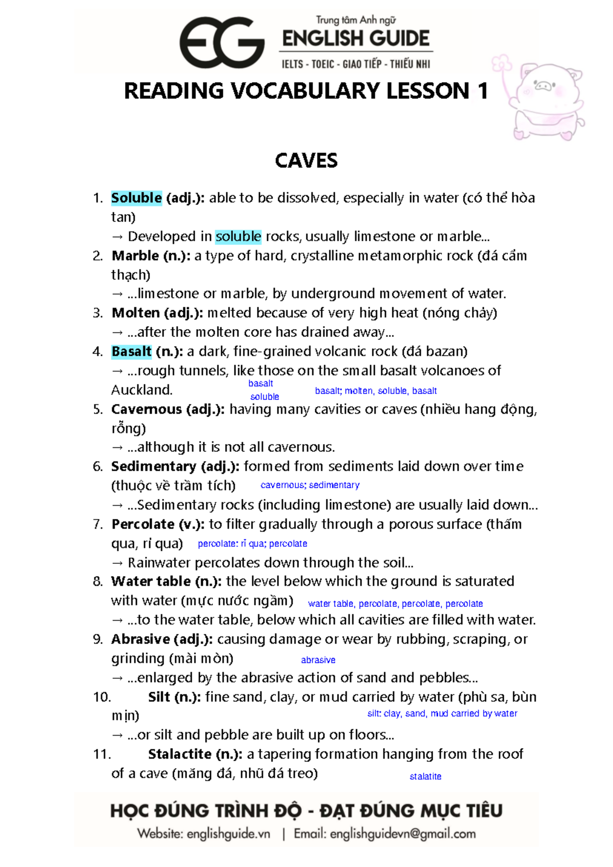 Reading Vocabulary Lesson 3: Caves and Light Effects - Studocu