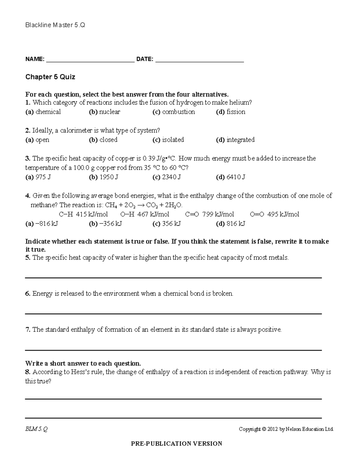 Chapter 5 Quiz: Chemistry Concepts & Reactions (BLM 5.Q) - Studocu