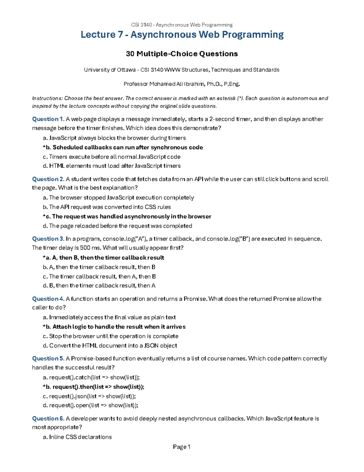 CSI 3140 Quiz 7: 30 MCQs on Asynchronous Web Programming - Studocu