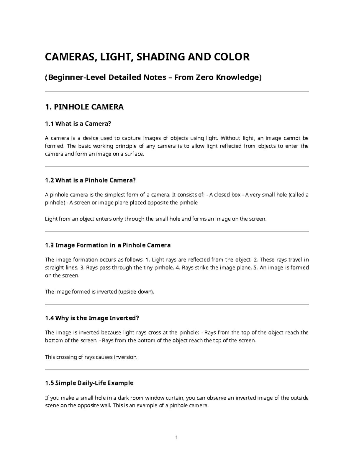 Cameras, Light, Shading & Color - Beginner Notes (Course Code: CAM ...