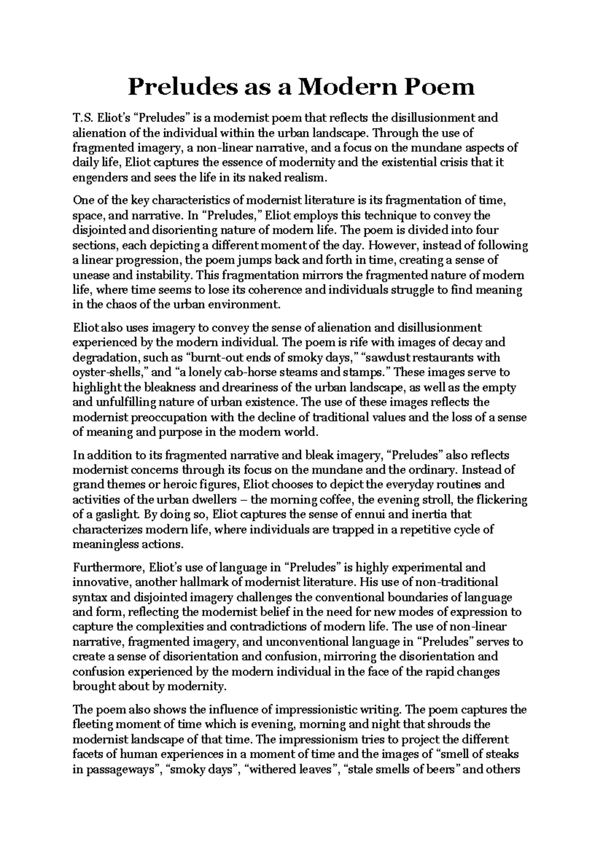 ENGL 201: Analyzing Modernity in T.S. Eliot's "Preludes" - Studocu