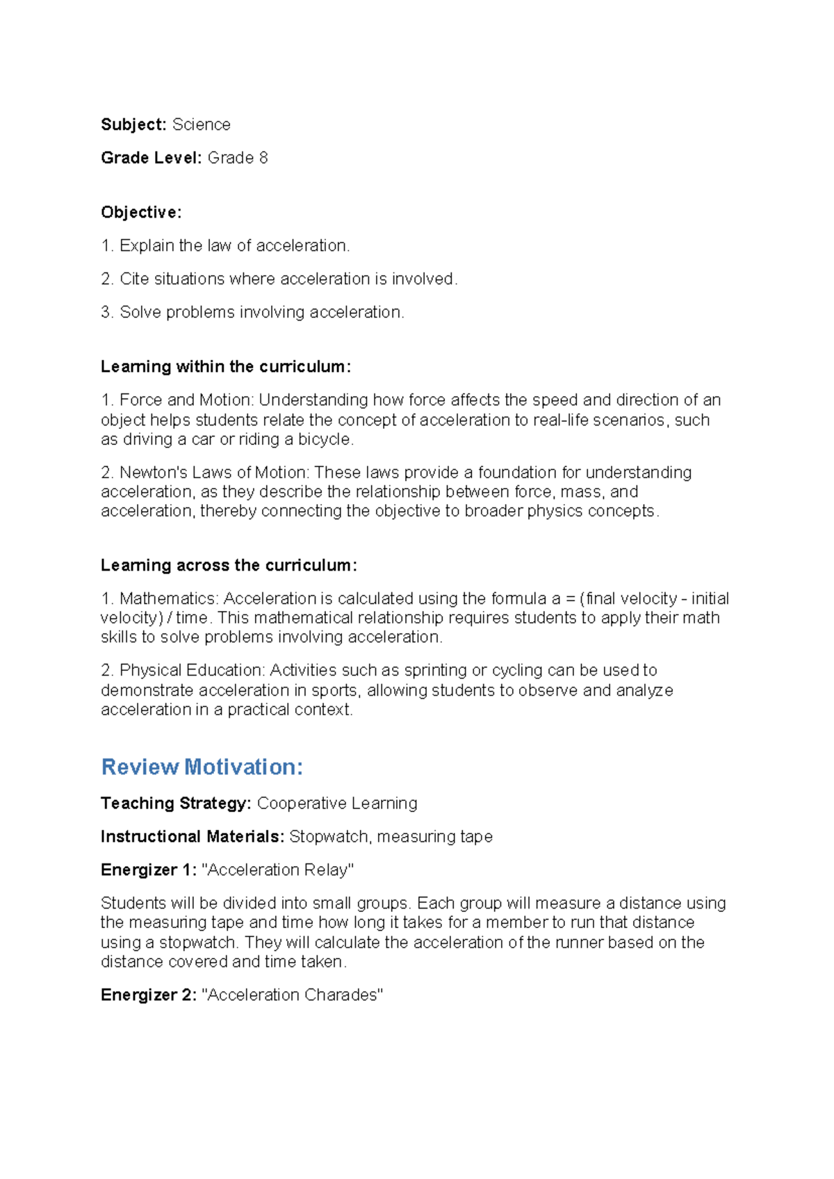 Lesson plan - Law of acceleration - Subject: Science Grade Level: Grade ...