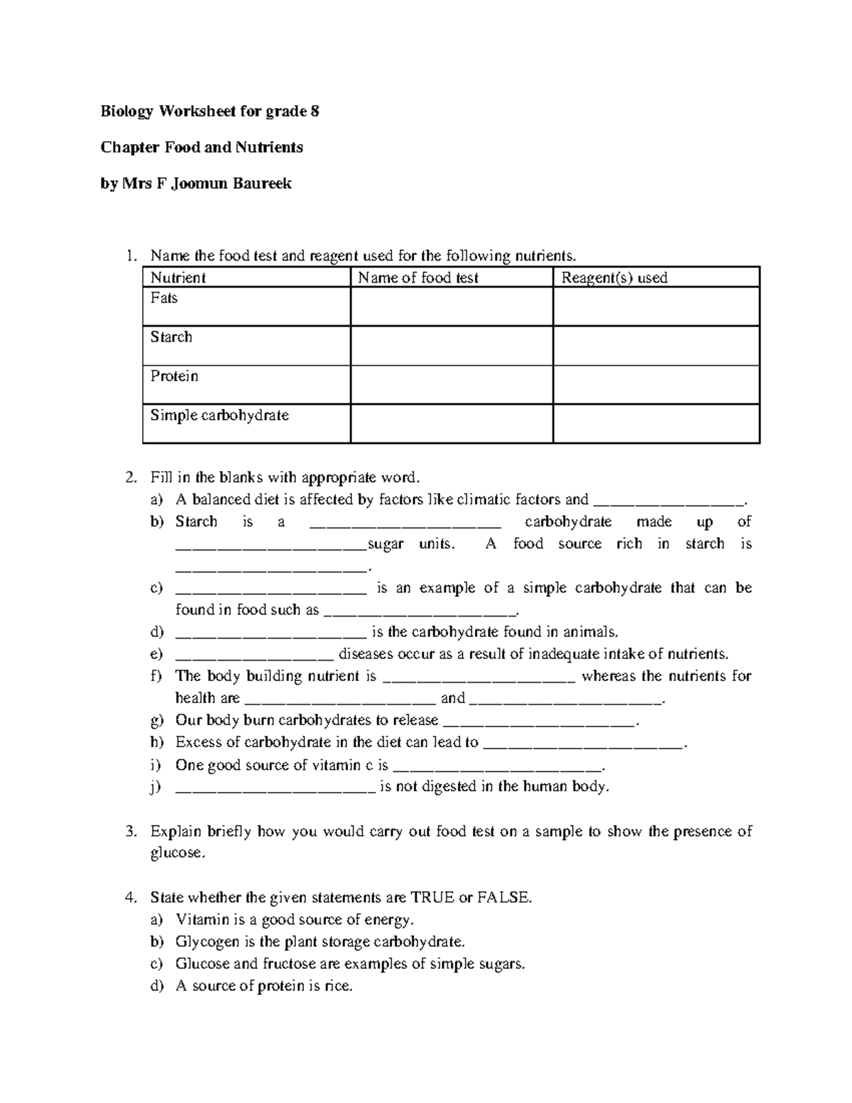 Biology G8 Worksheet: Food and Nutrients - Mrs. Baureek - Studocu