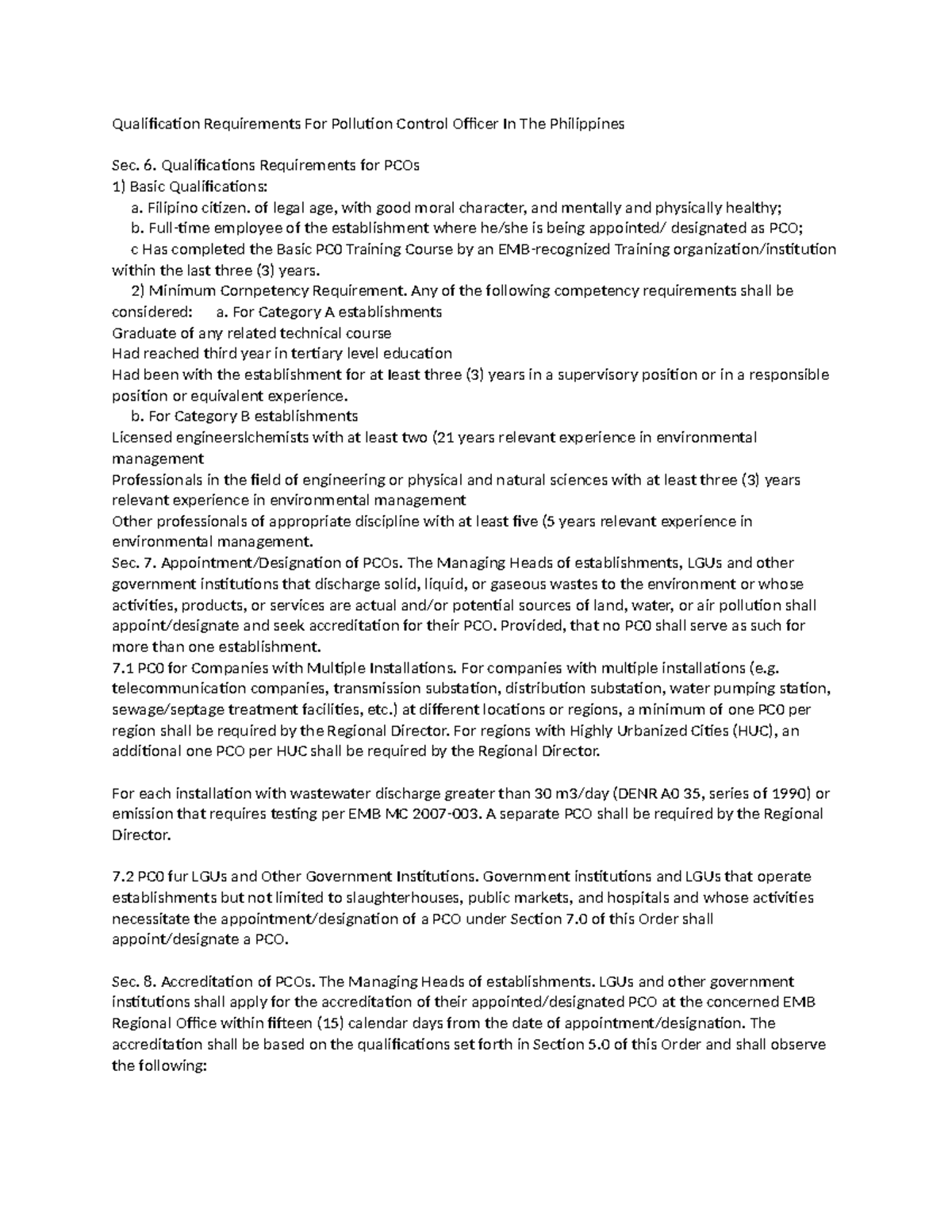 Qualification Requirements for Pollution Control Officer (PCO) in PH ...