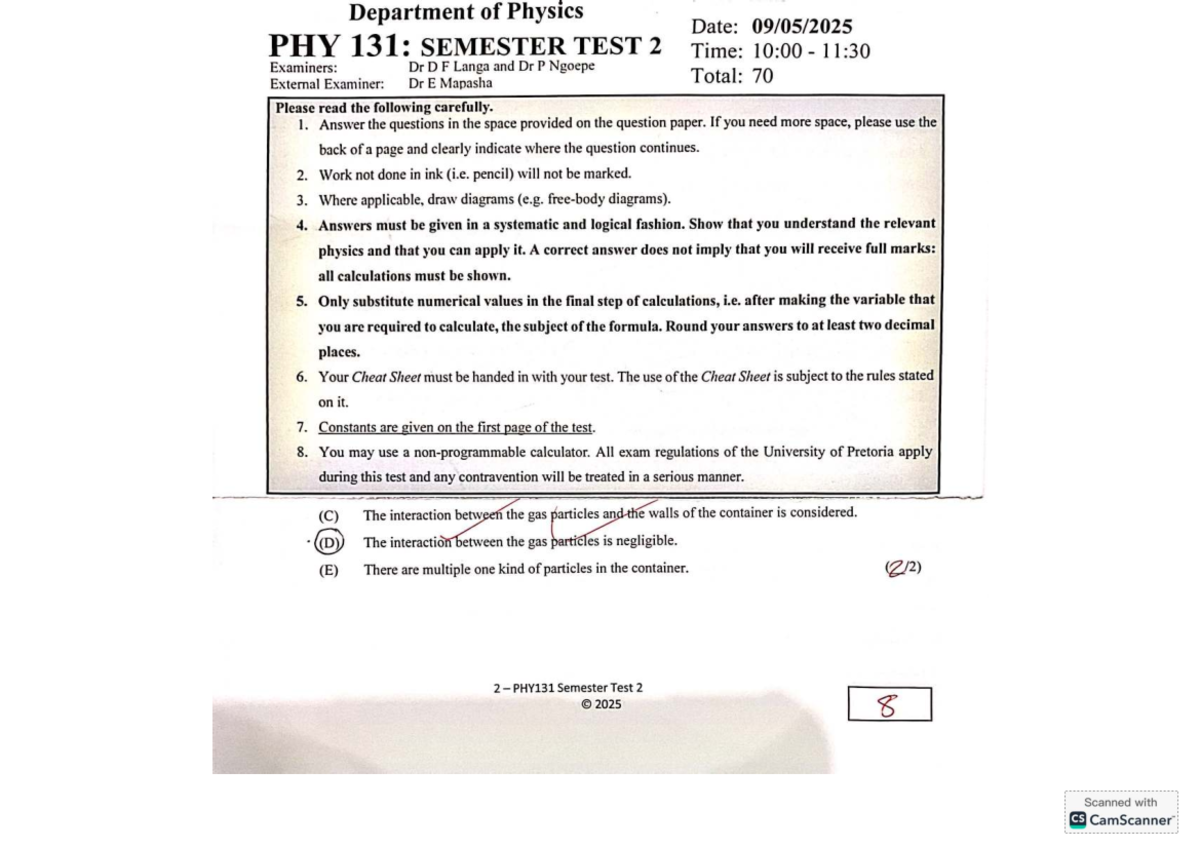 PHY 131 Semester Test 2: Physics Concepts and Problem Solving 2025 ...