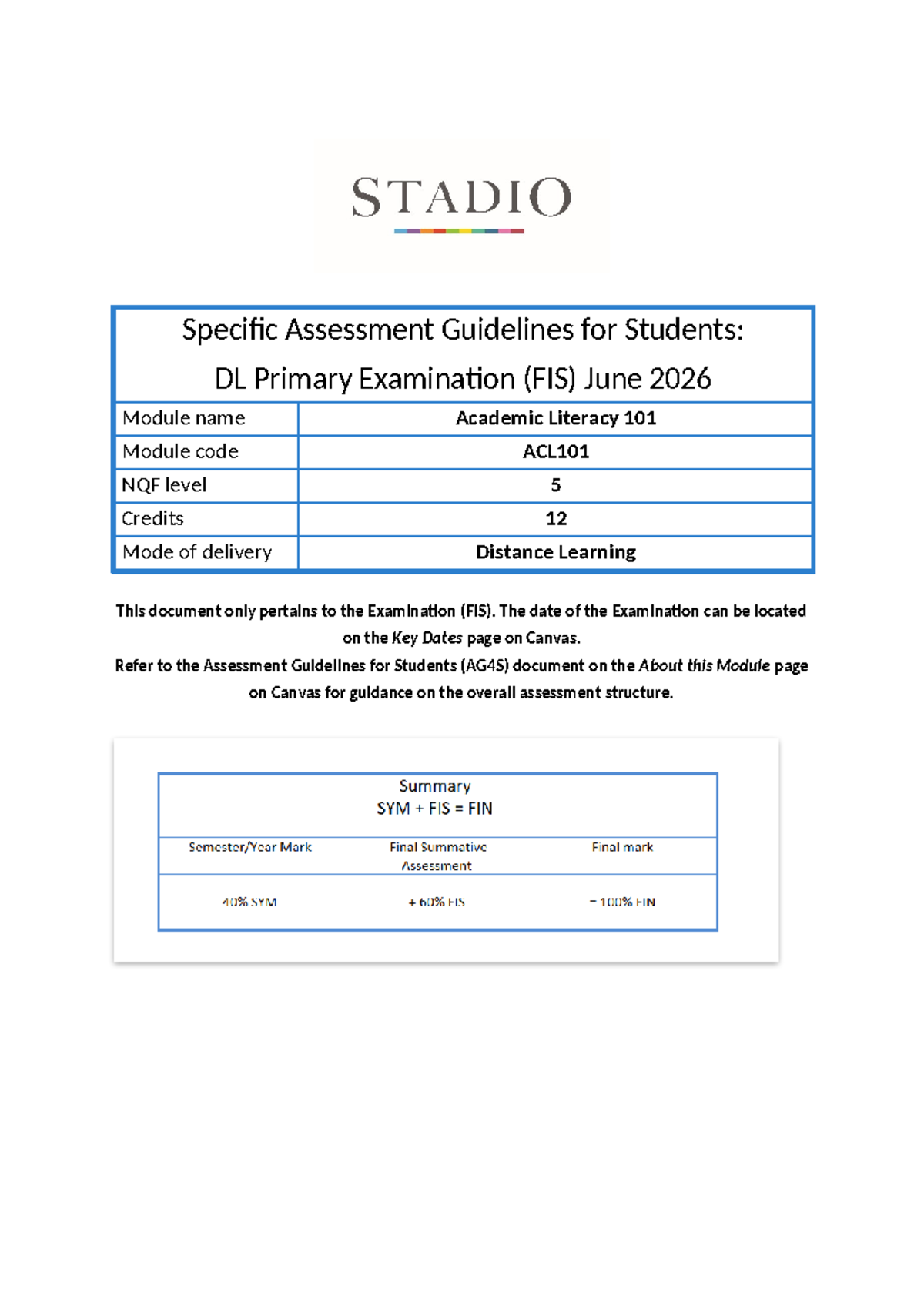 Assessment Guidelines for ACL101: DL Primary Exam (FIS) June 2026 - Studocu
