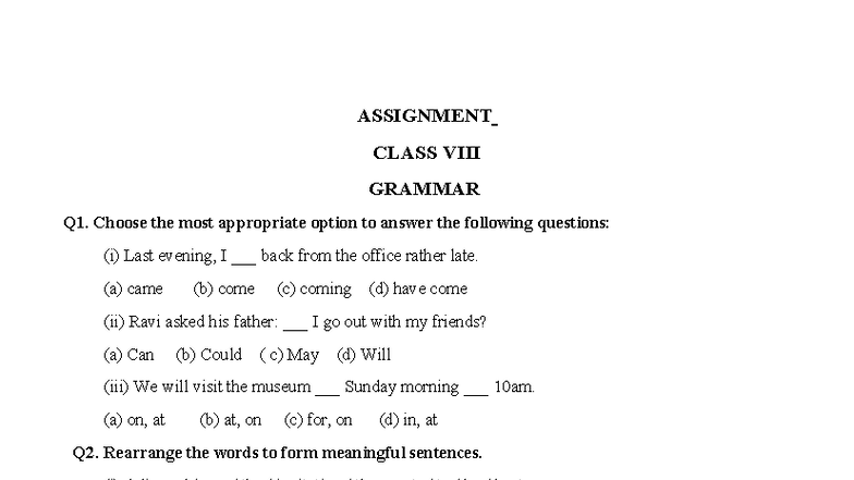Class VIII Grammar Assignment Q1: Multiple Choice & Sentence Formation ...