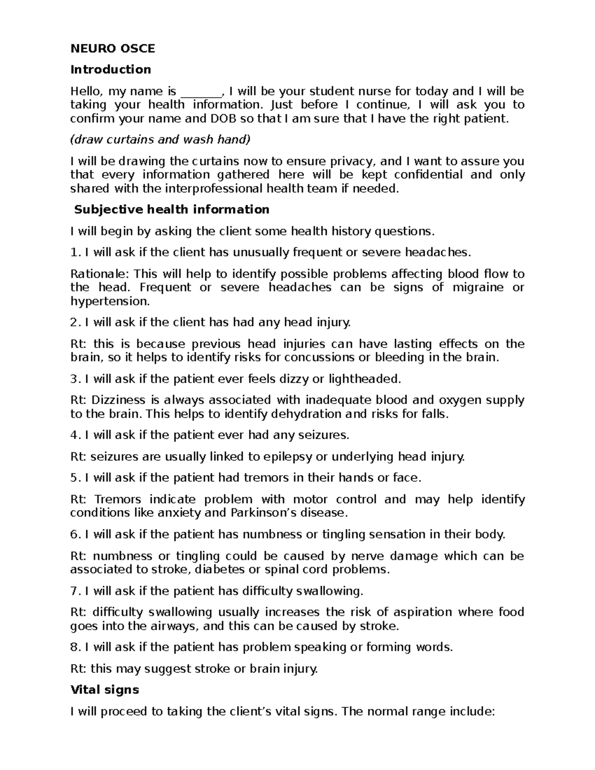 NEURO OSCE Detailed Assessment Notes - Studocu
