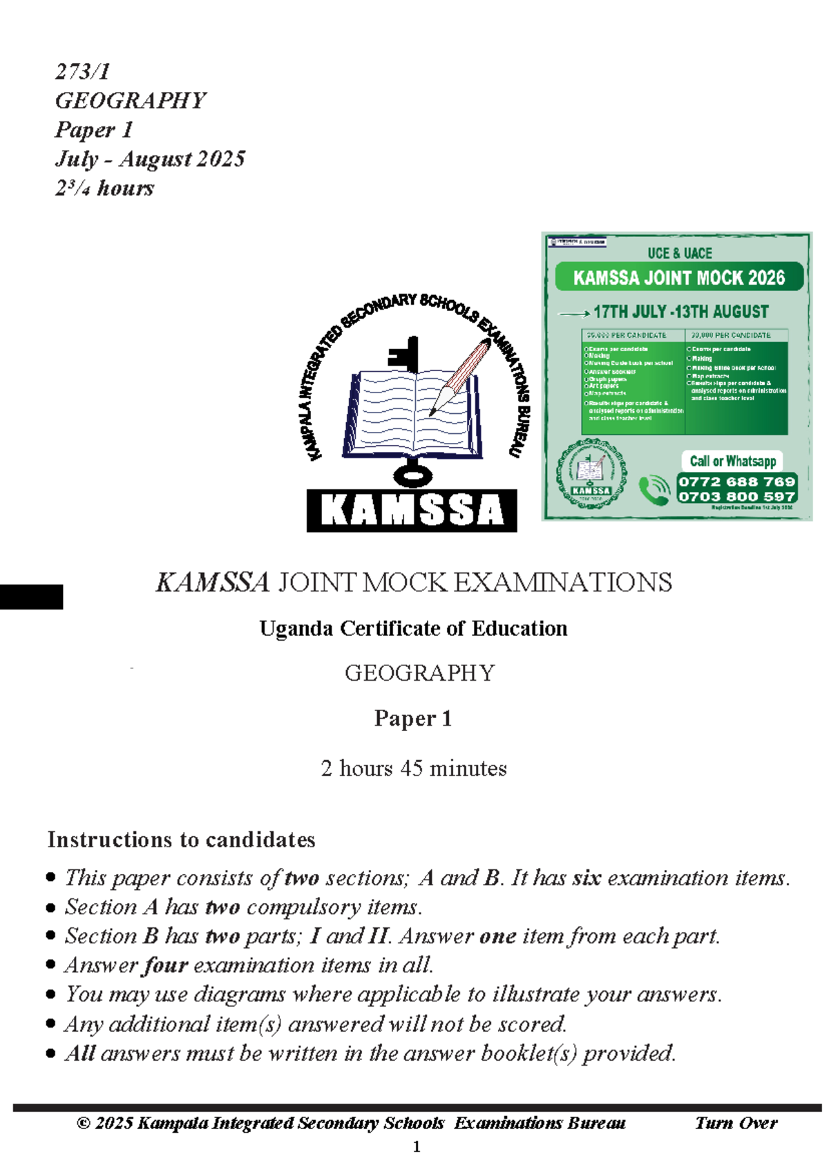 KAMSSA UCE GEOGRAPHY Paper 1 Mock Exam Guide 2025 - Studocu