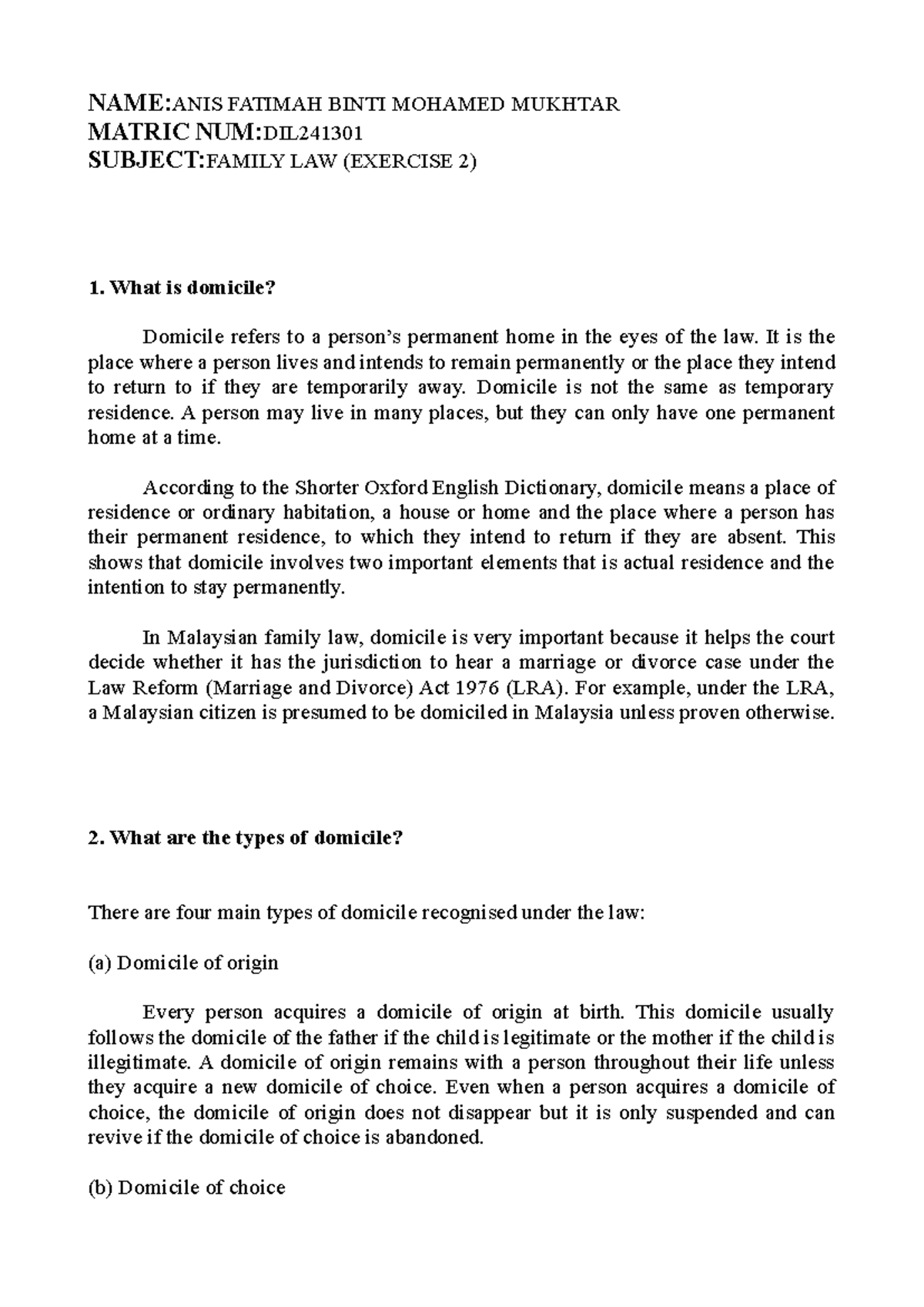 Family Law (DIL241301) Exercise 2: Understanding Domicile - Studocu