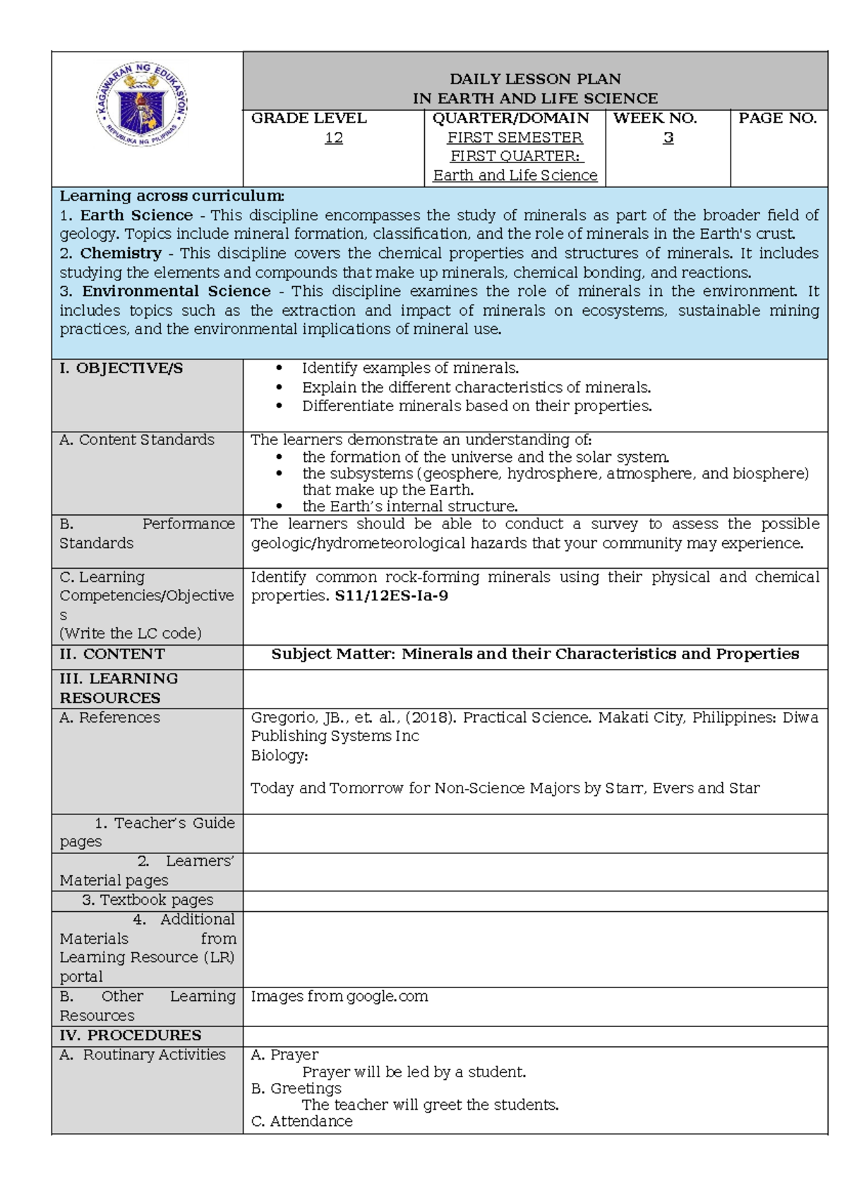 GRADE 12 DAILY LESSON PLAN: EARTH & LIFE SCIENCE WEEK 3 - Studocu