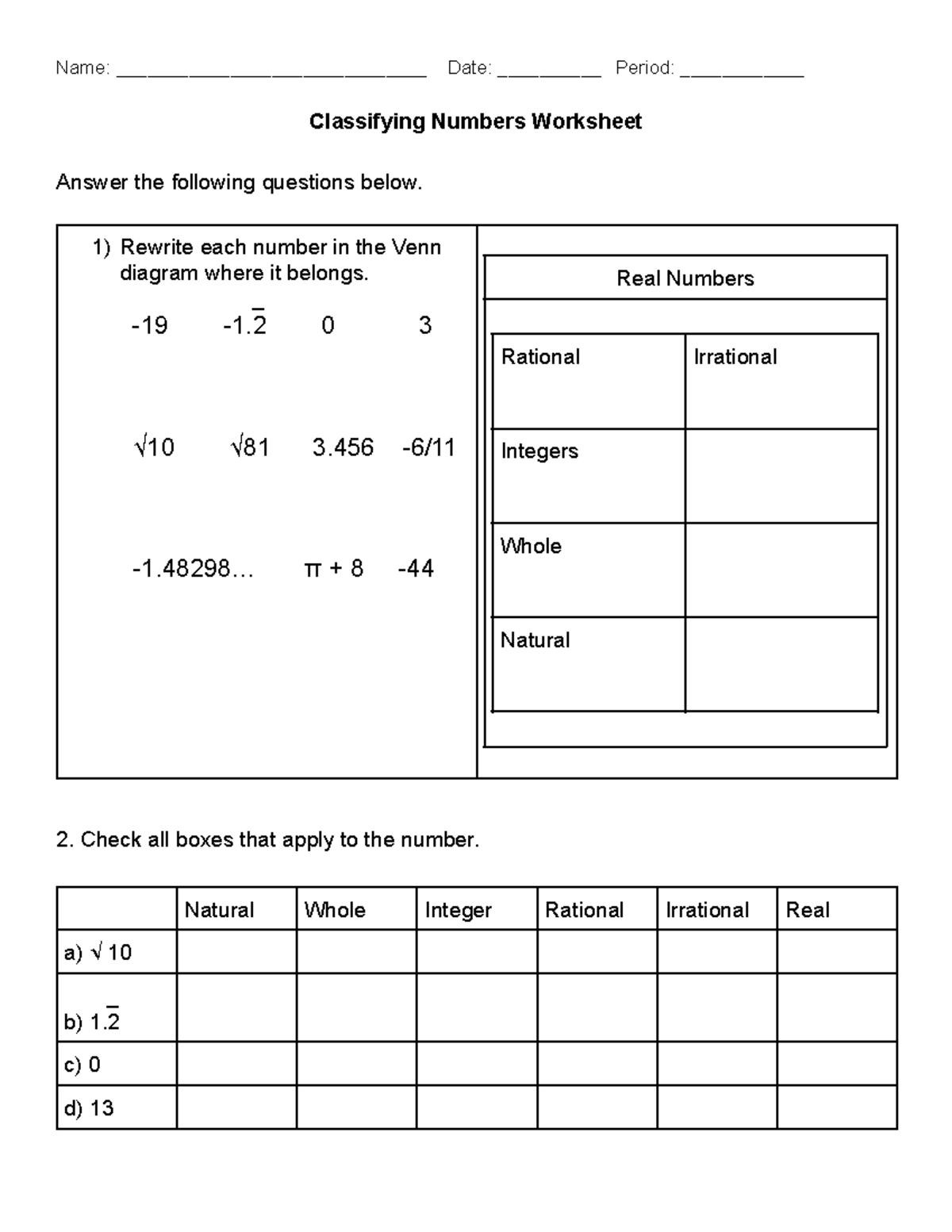 Classifying Numbers - Name: ______________________________ Date ...