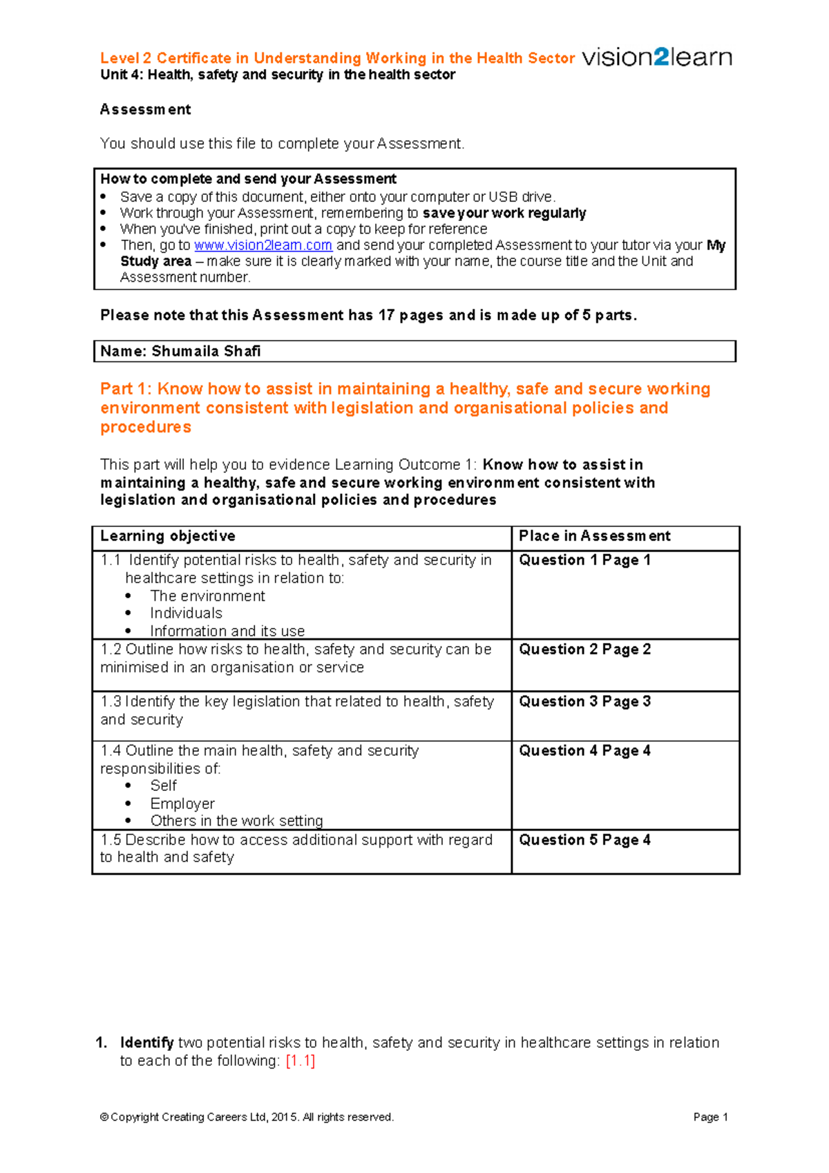 Unit 4 assessment completeddoc - Unit 4: Health, safety and security in ...