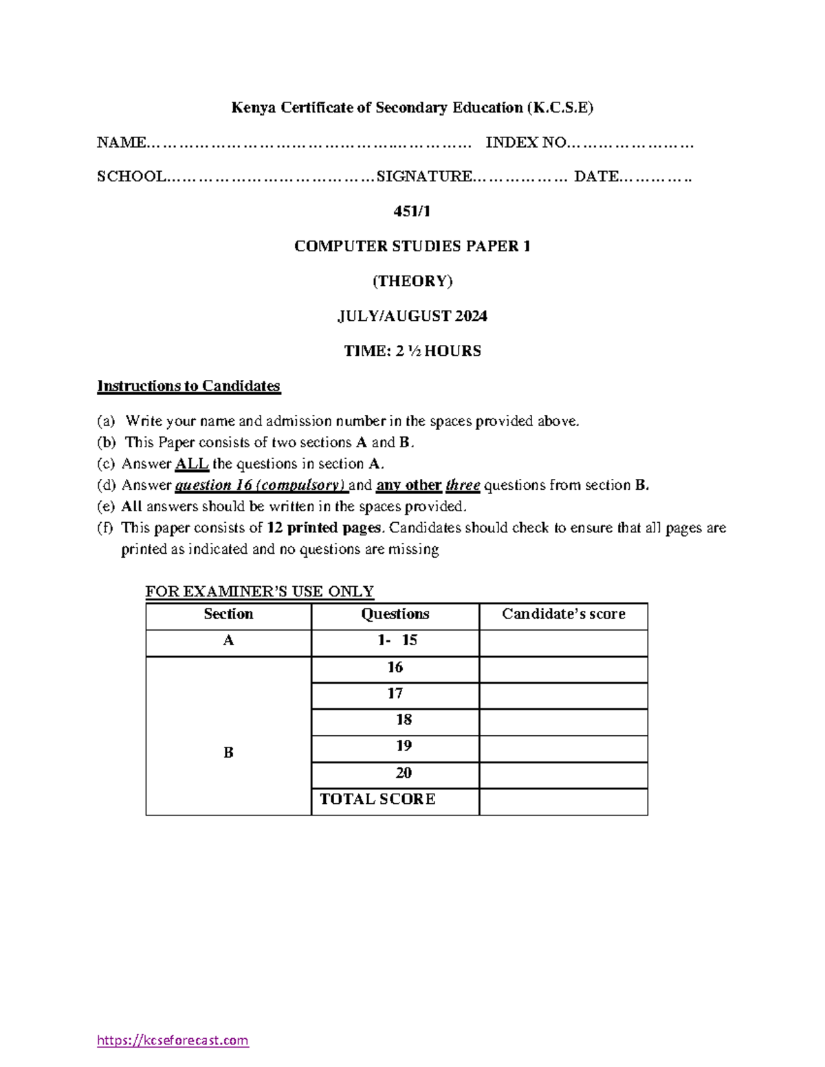 KCSE 2024 Computer Studies Paper 1 Theory Exam Guide - Studocu