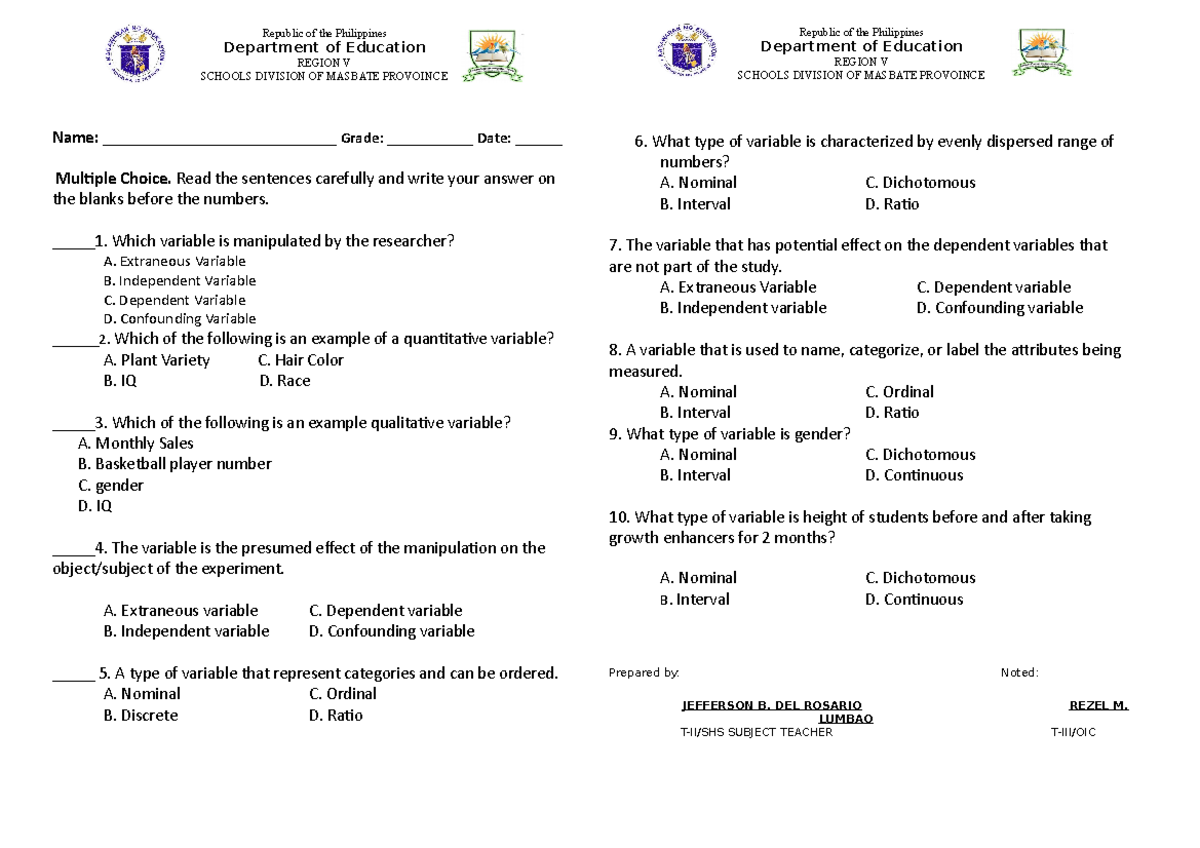 Summative Assessment Test on Practical Research 2 1 - Republic of the ...