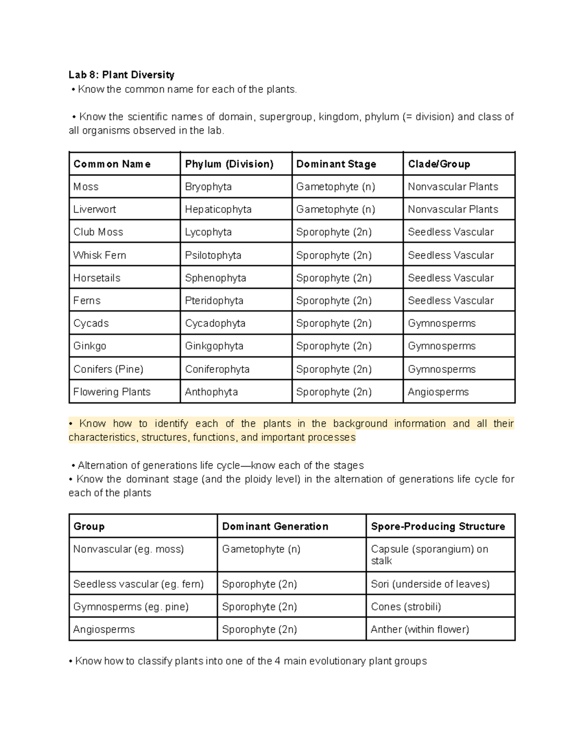 Plant and Fungi Diversity Study Guide - Lab 8 - Bio 101 - Studocu