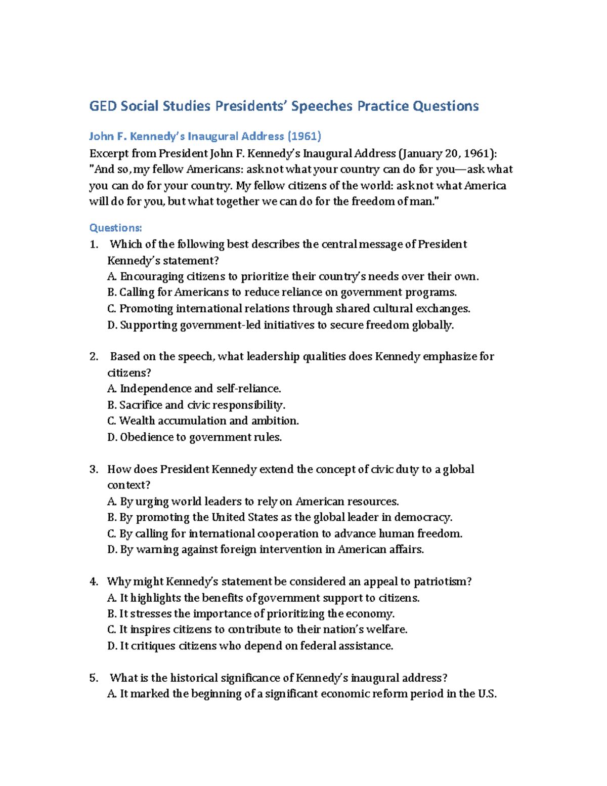 GED Social Studies Presidents' Speeches Practice Questions - Studocu