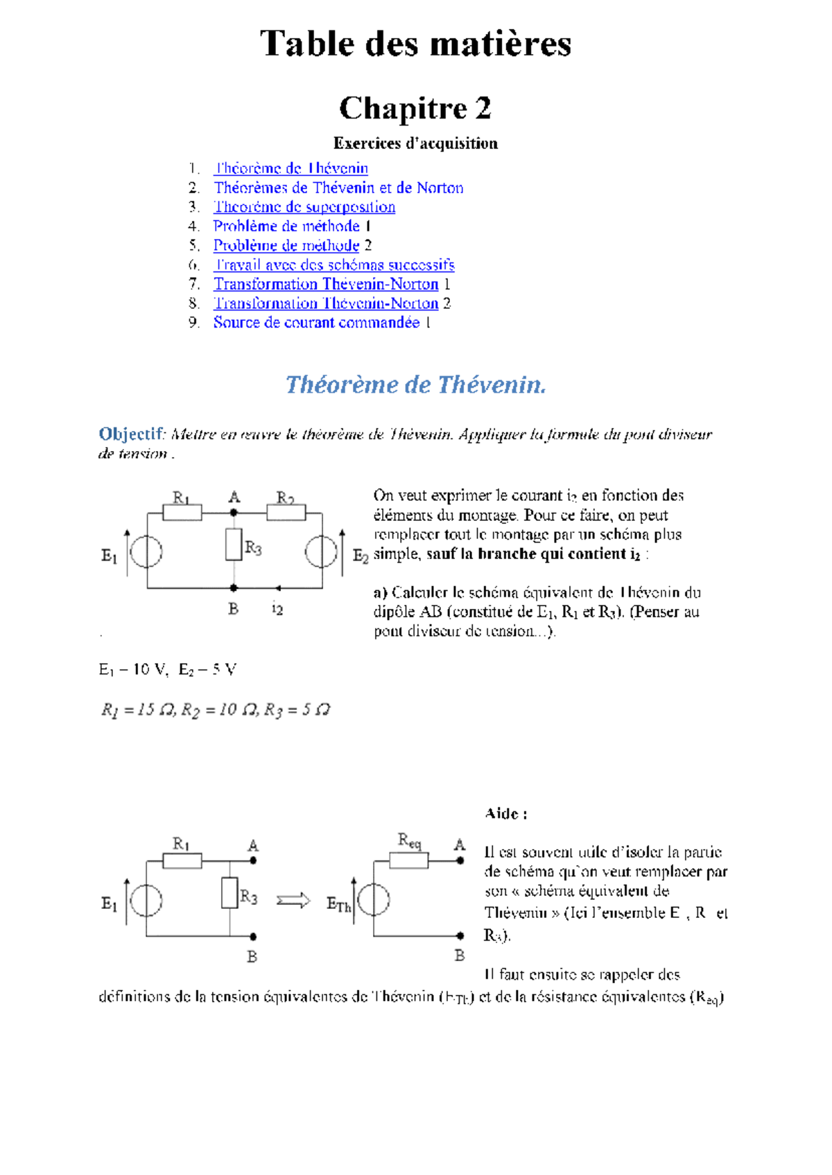 Chapitre 2 : Exercices sur le Théorème de Thévenin et de Norton - Studocu
