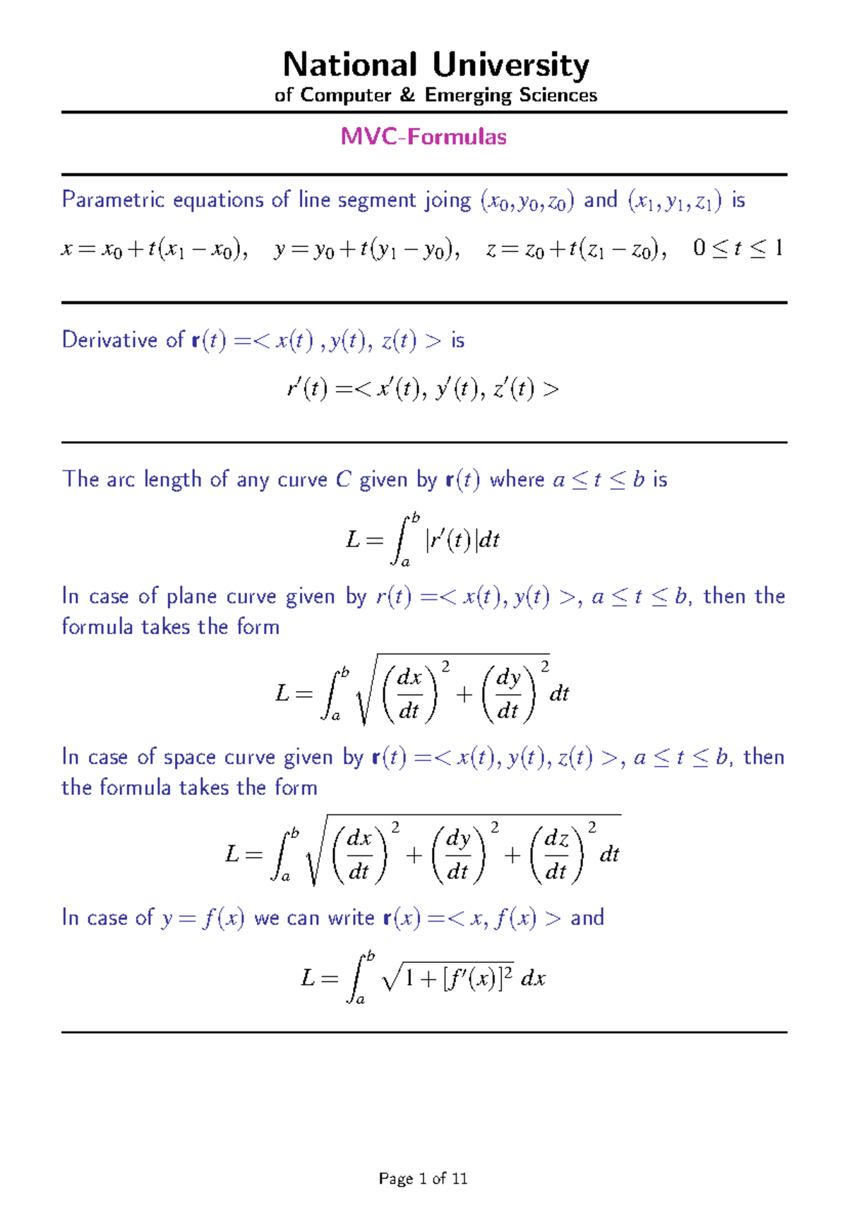 Parametric Equations and Arc Length Formulas - MVC Notes - Studocu