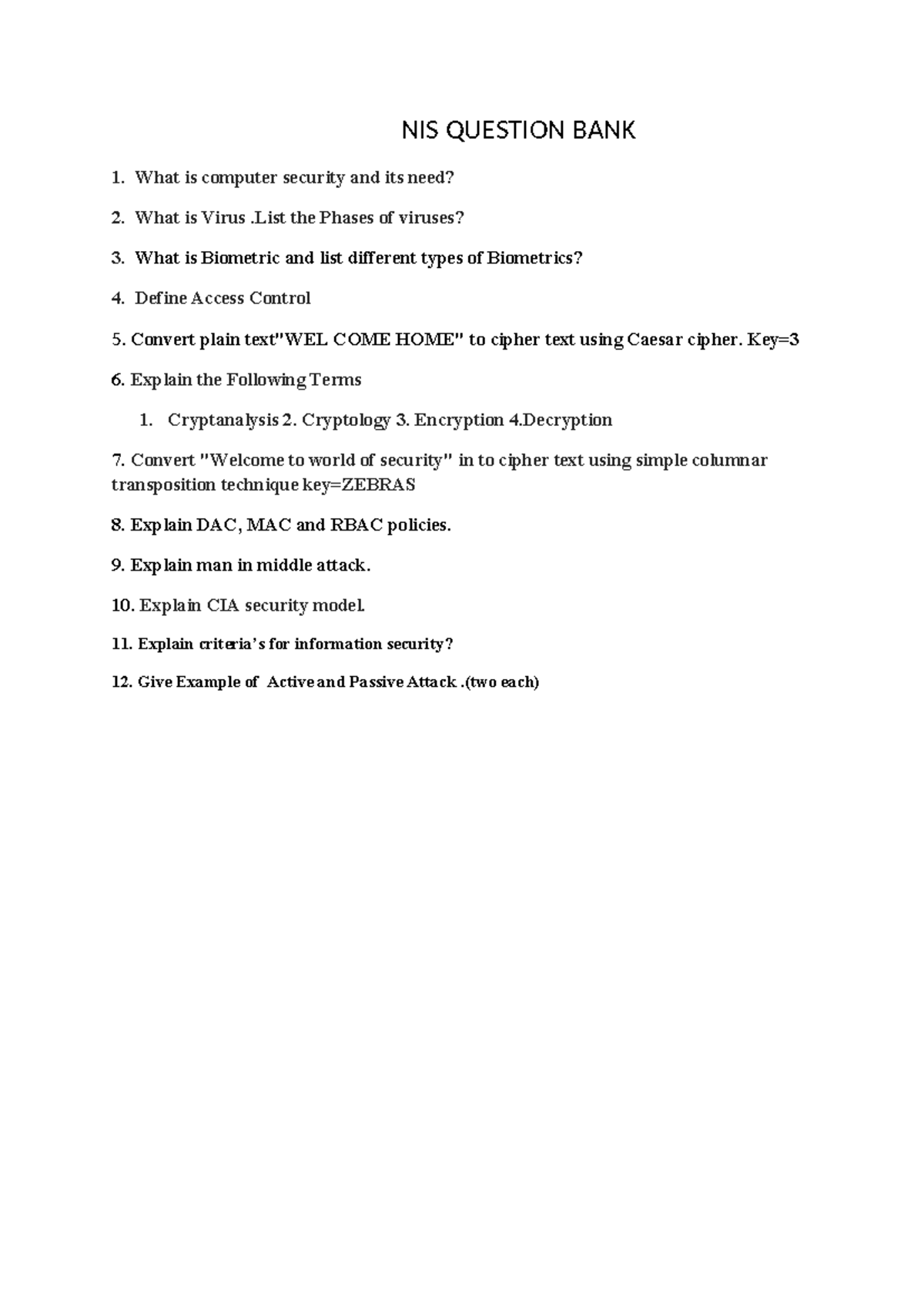 NIS Question BANK - NIS QUESTION BANK 1. What is computer security and ...