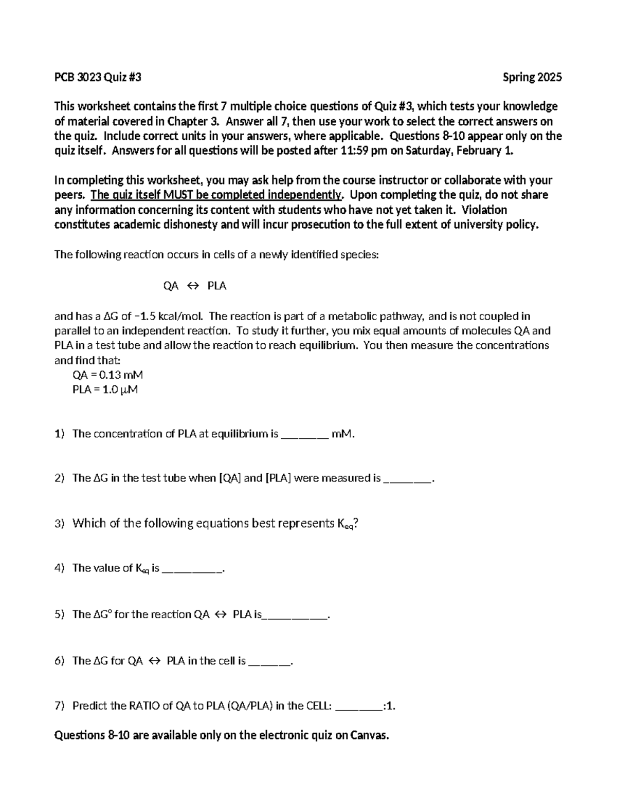 PCB 3023 Quiz #3 worksheet Spring 2025 - PCB 3023 Quiz #3 Spring 2025 ...
