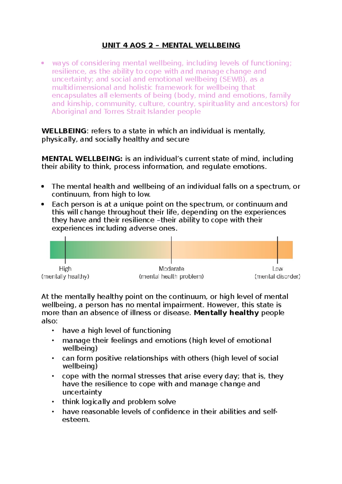 Unit 4 AOS 2 Mental Wellbeing: Understanding Resilience and SEWB - Studocu