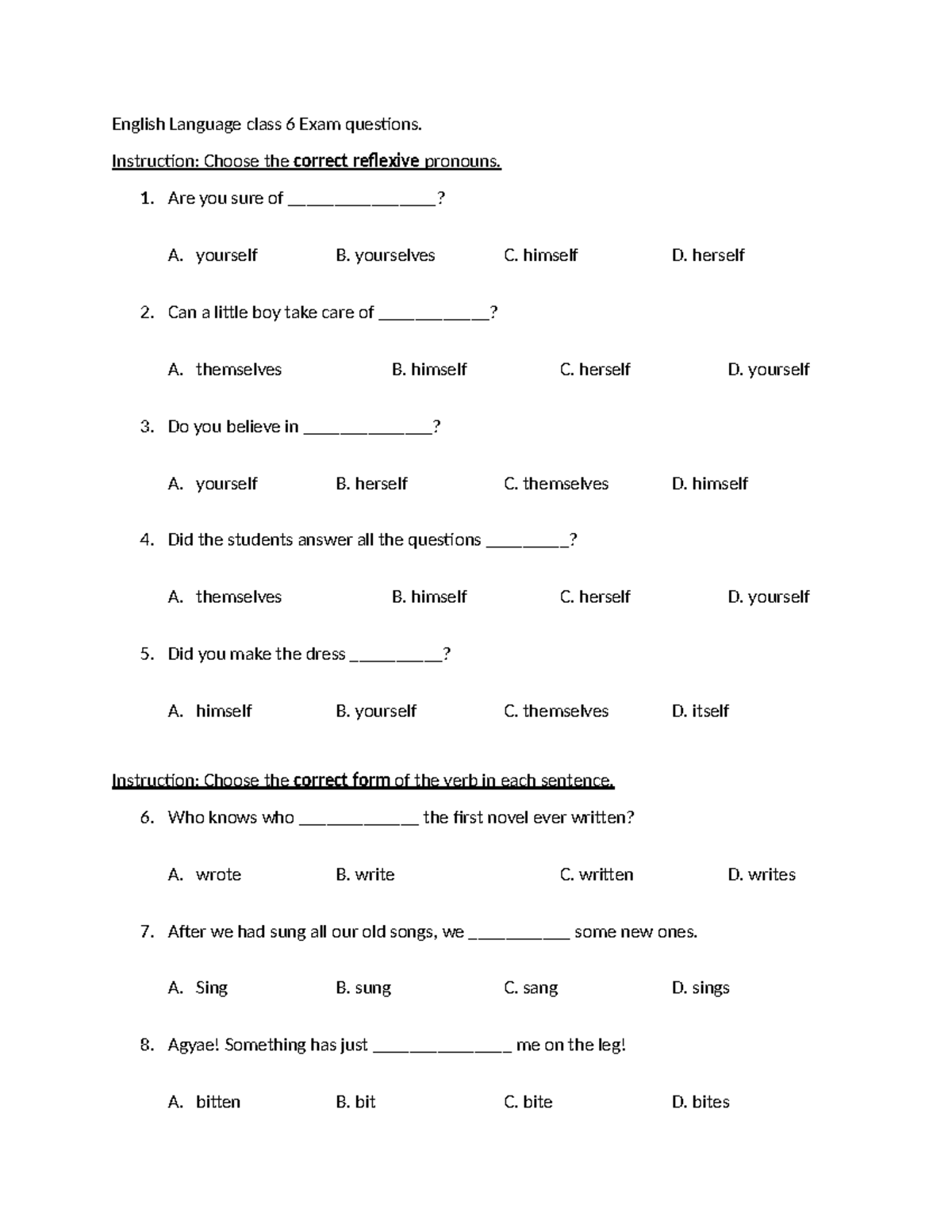 English Language Class 6 Exam Questions: Reflexive Pronouns ...