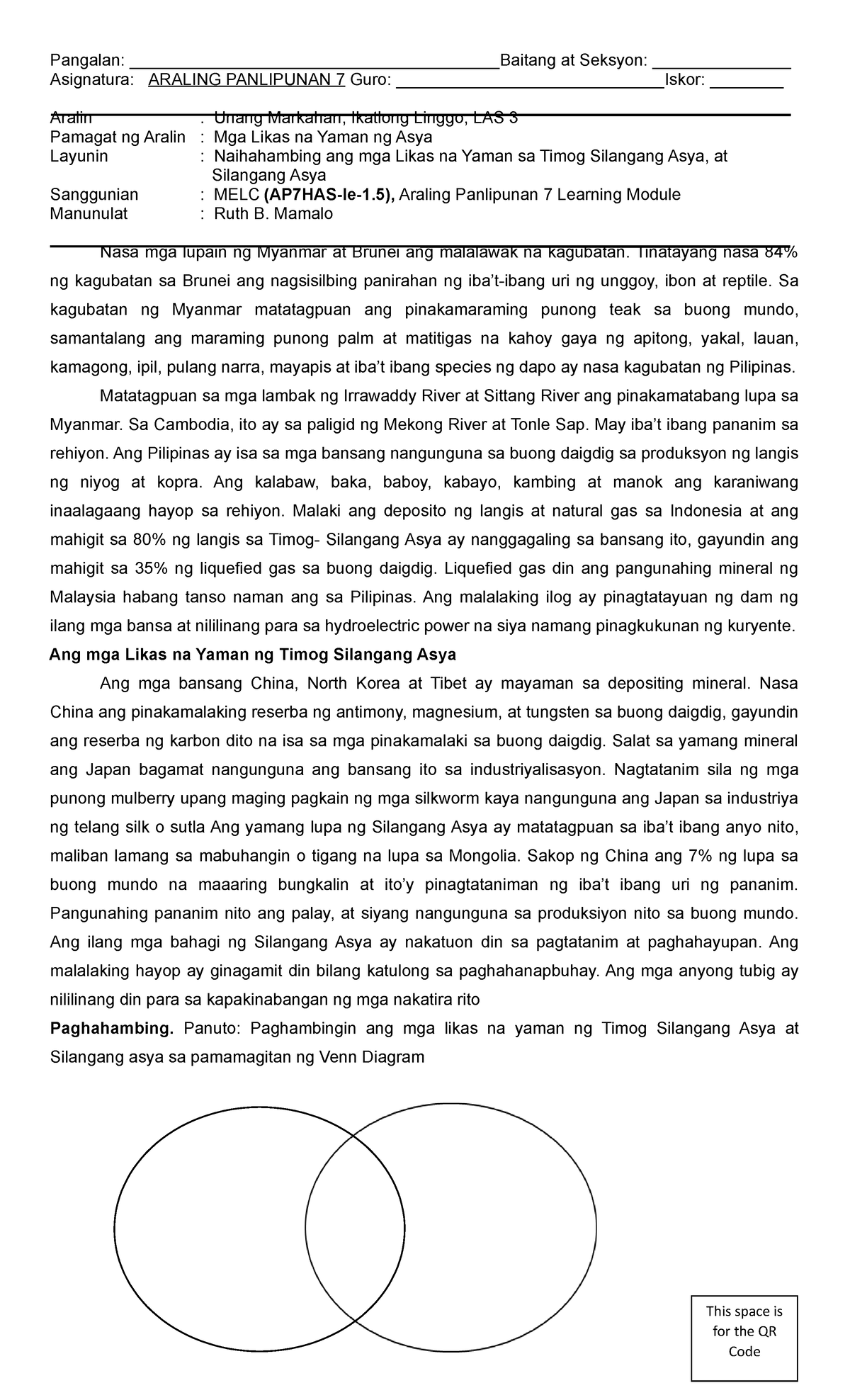 AP7 Q1 W3 LAS3 - Learning Activity Sheet in Araling Panlipunan Grade 7 - Pangalan: - Studocu