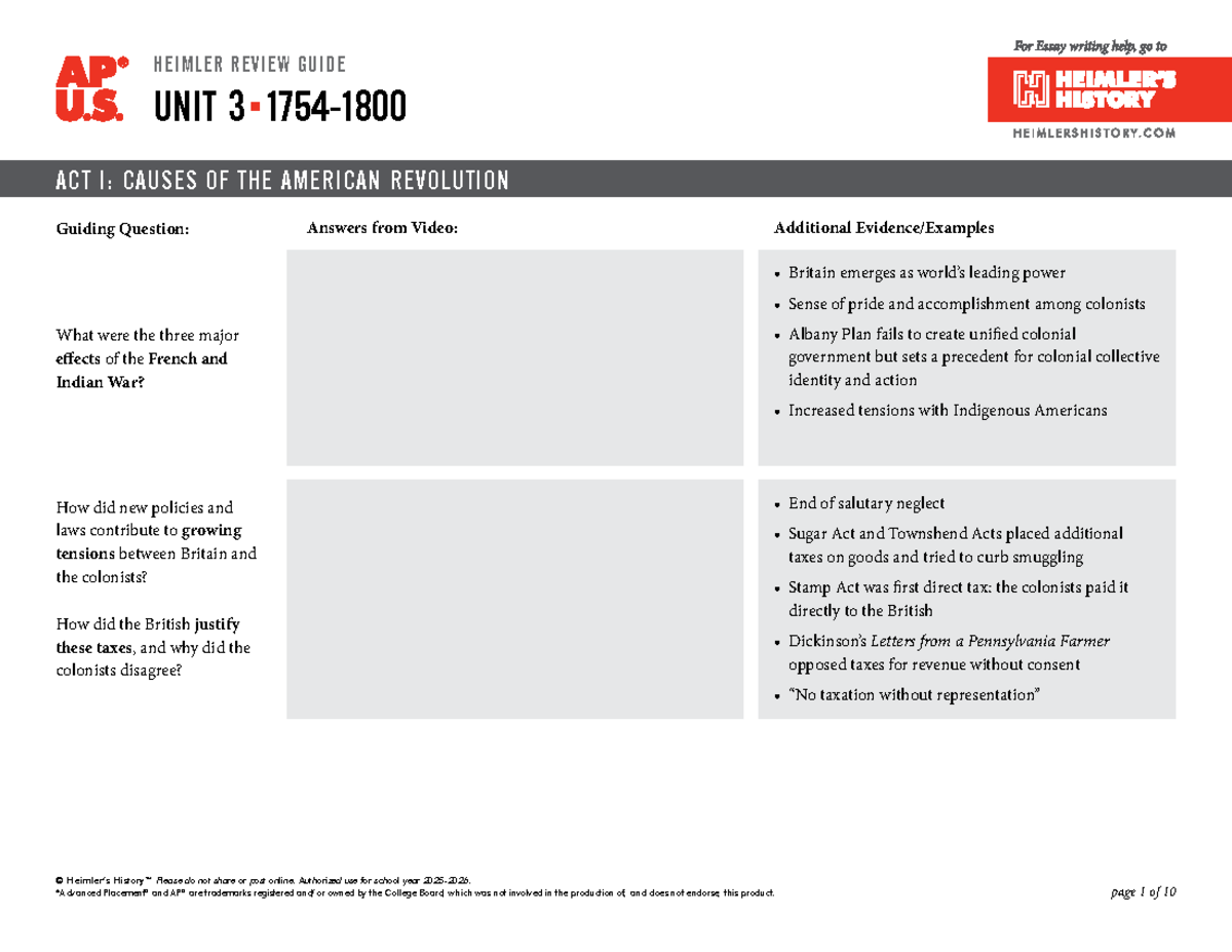 APUSH HRG Unit 3: Causes of the American Revolution & New Republic ...