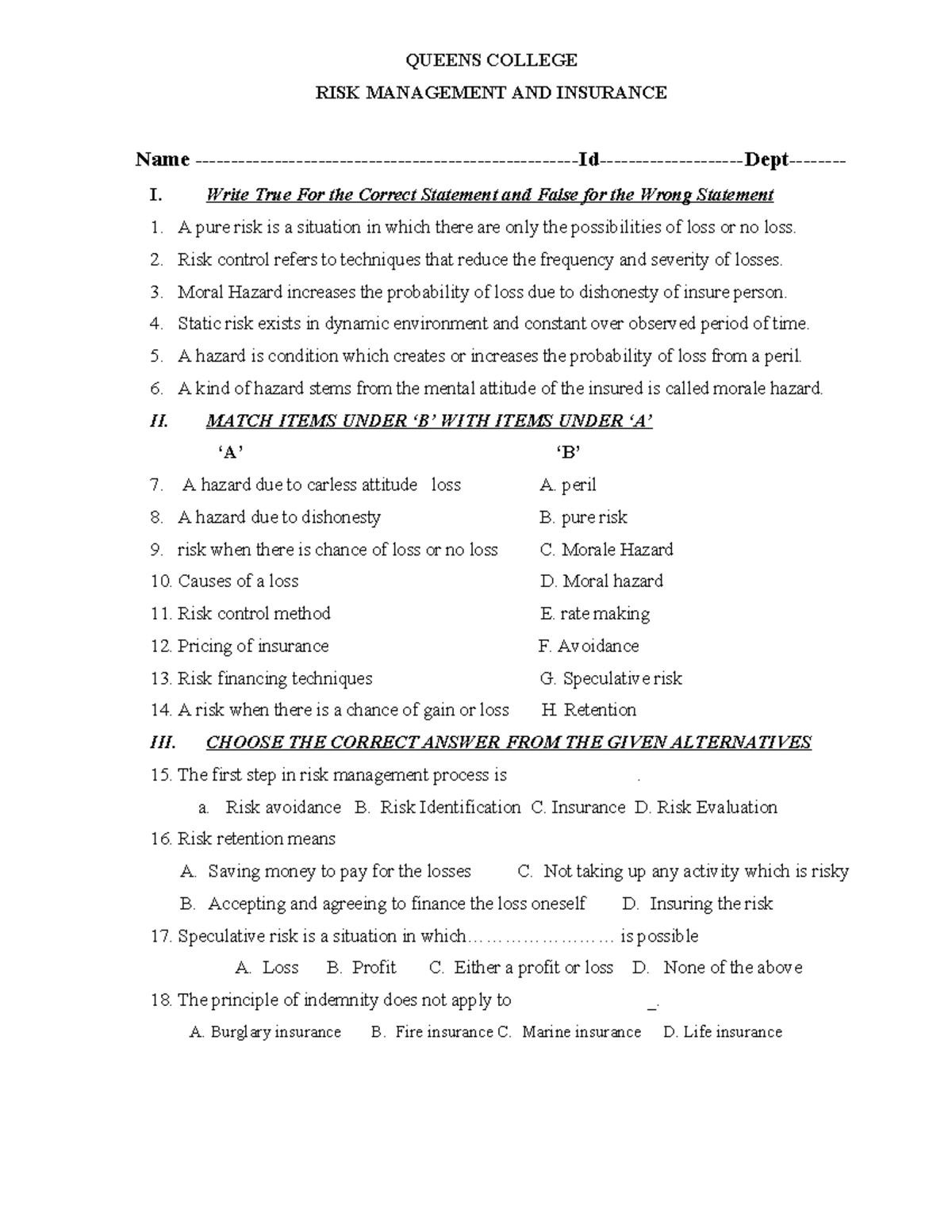 RISK MANAGEMENT AND INSURANCE Quiz Answers and True/False Statements ...