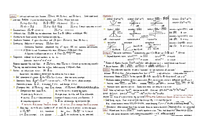 Cal 2 Cheatsheet: Limits, Theorems, and Hyperbolic Functions - Studocu