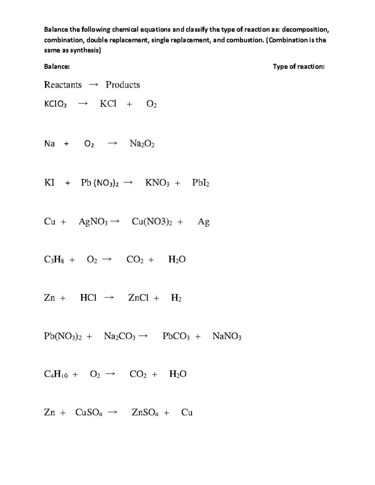 Chemical Reactions Balancing - Balance the following chemical equations ...
