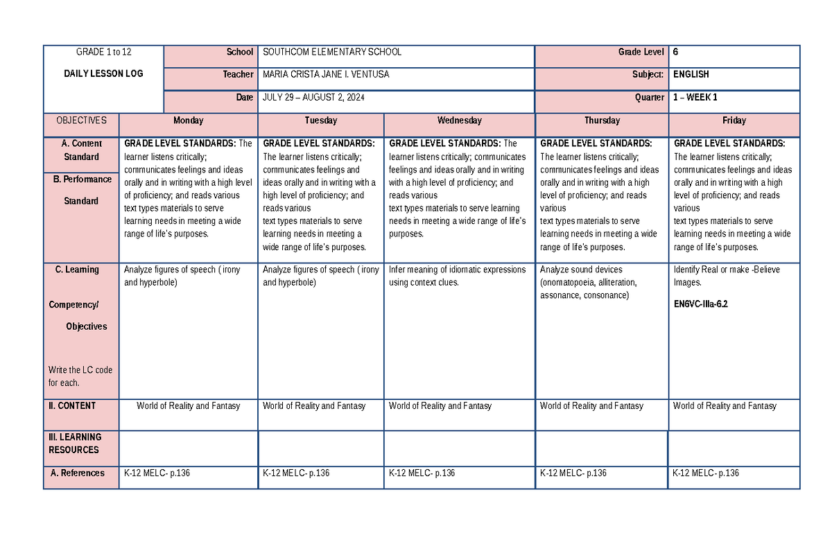 WEEK 1 Daily Lesson Log for Grade 6 English - SOUTHCOM School - Studocu