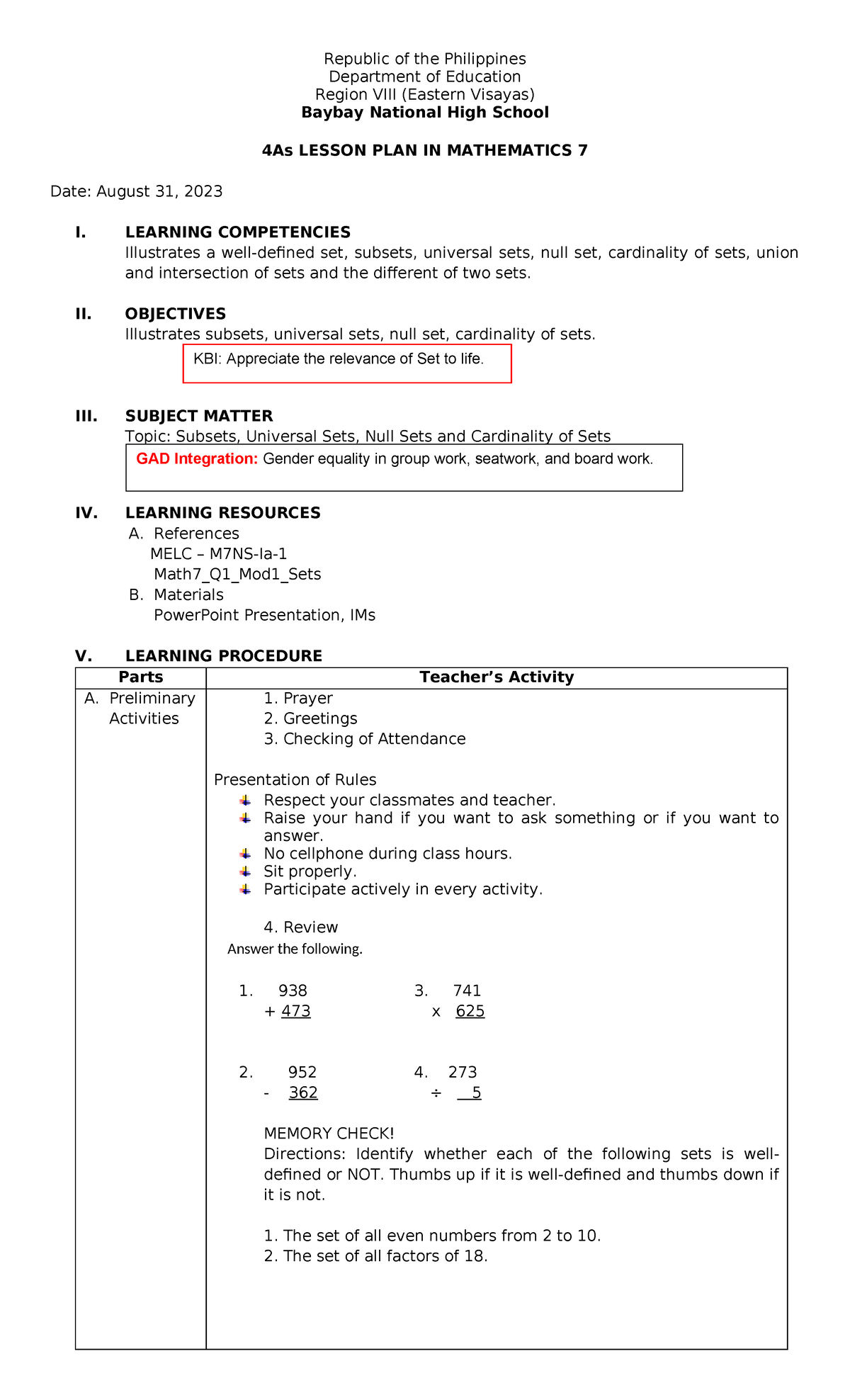 M7NS-Ia Lesson Plan: Understanding Sets, Subsets & Cardinality - Studocu