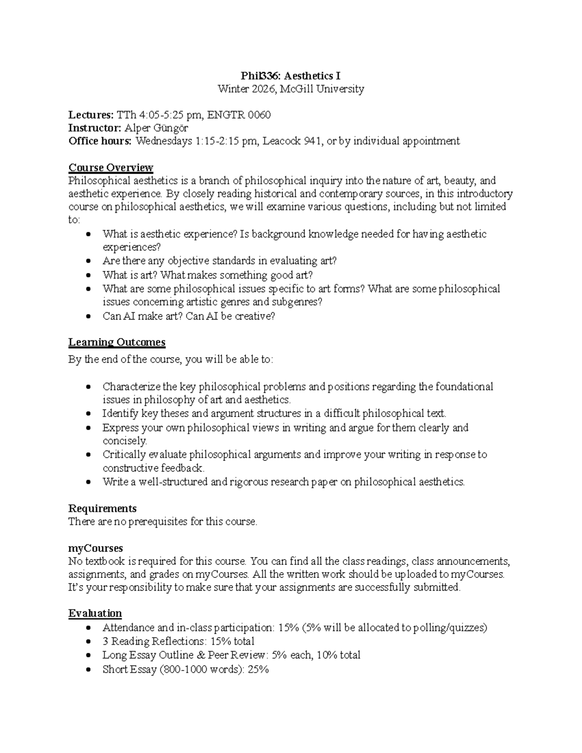 Phil336: Aesthetics I Winter 2026 - Course Overview & Requirements ...