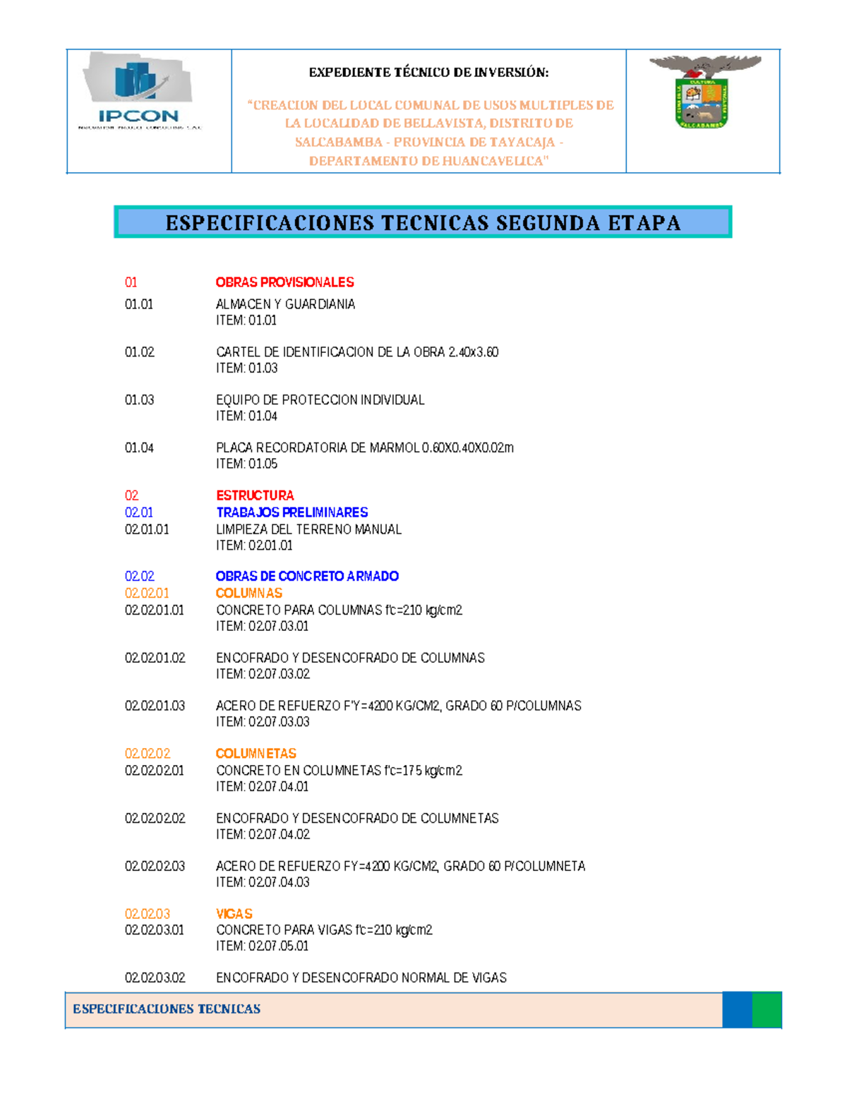 Especificaciones Técnicas del Proyecto Local Comunal Bellavista - Etapa ...