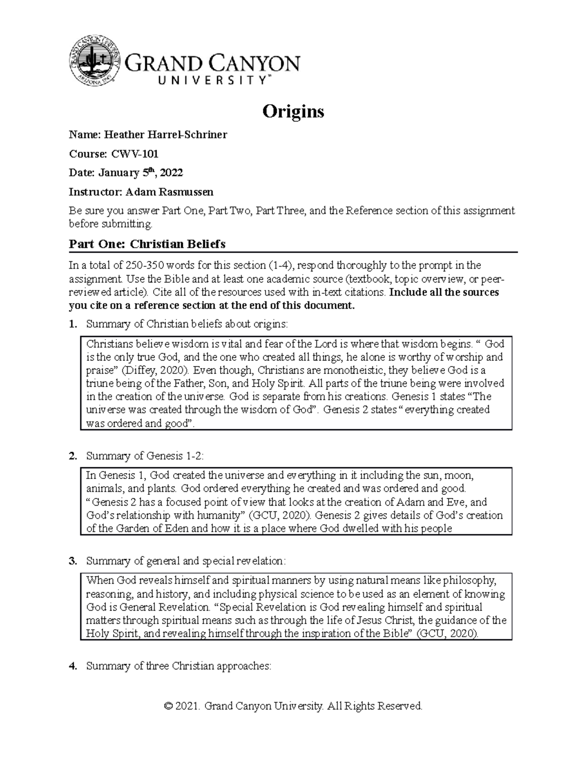 CWV-101 Origins Assignment: Exploring Christian Beliefs on Creation ...